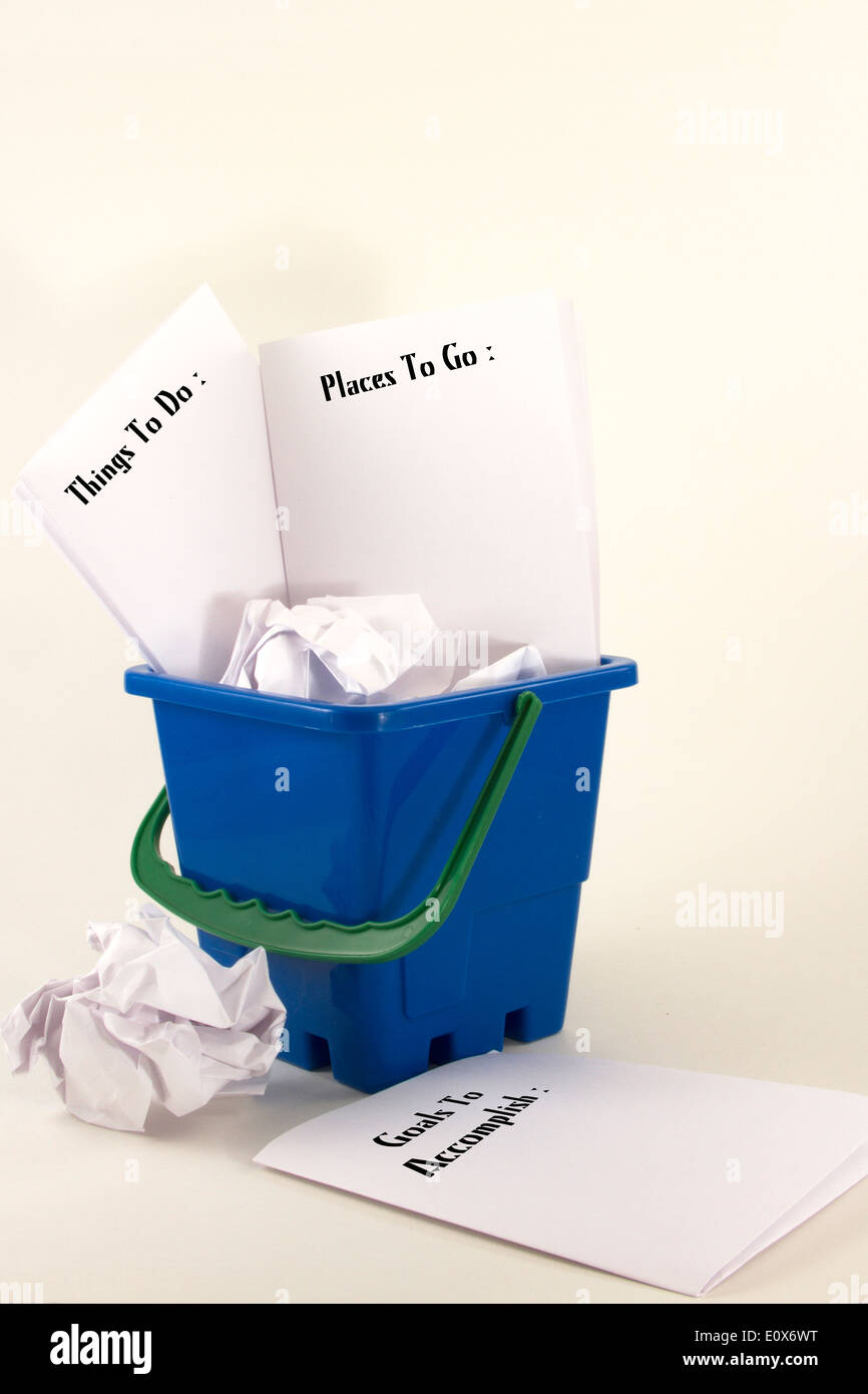 Bucket filled with wadded up paper and sheets listing Things To Do ...