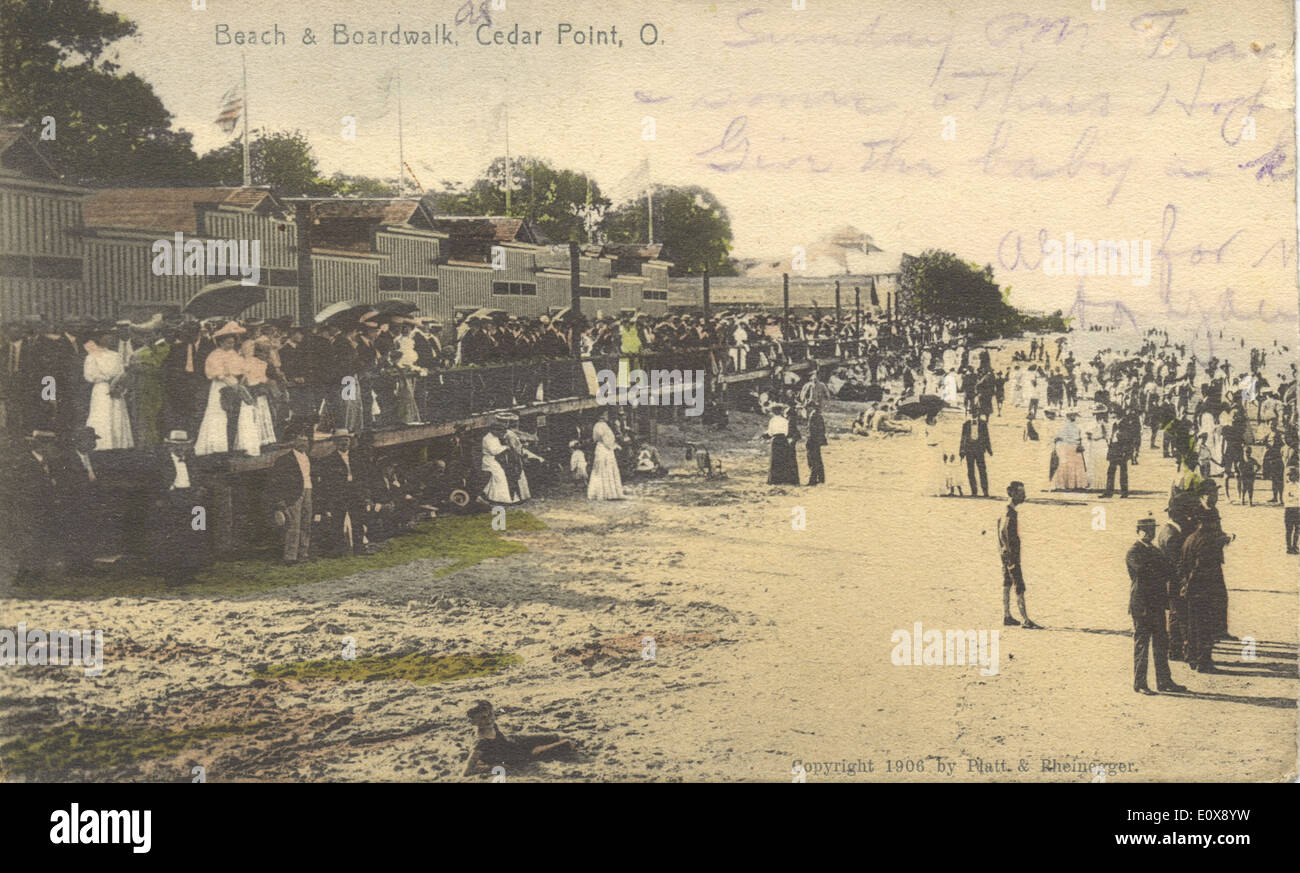 This vintage postcard shows the beach boardwalk at Cedar Point, Ohio ...
