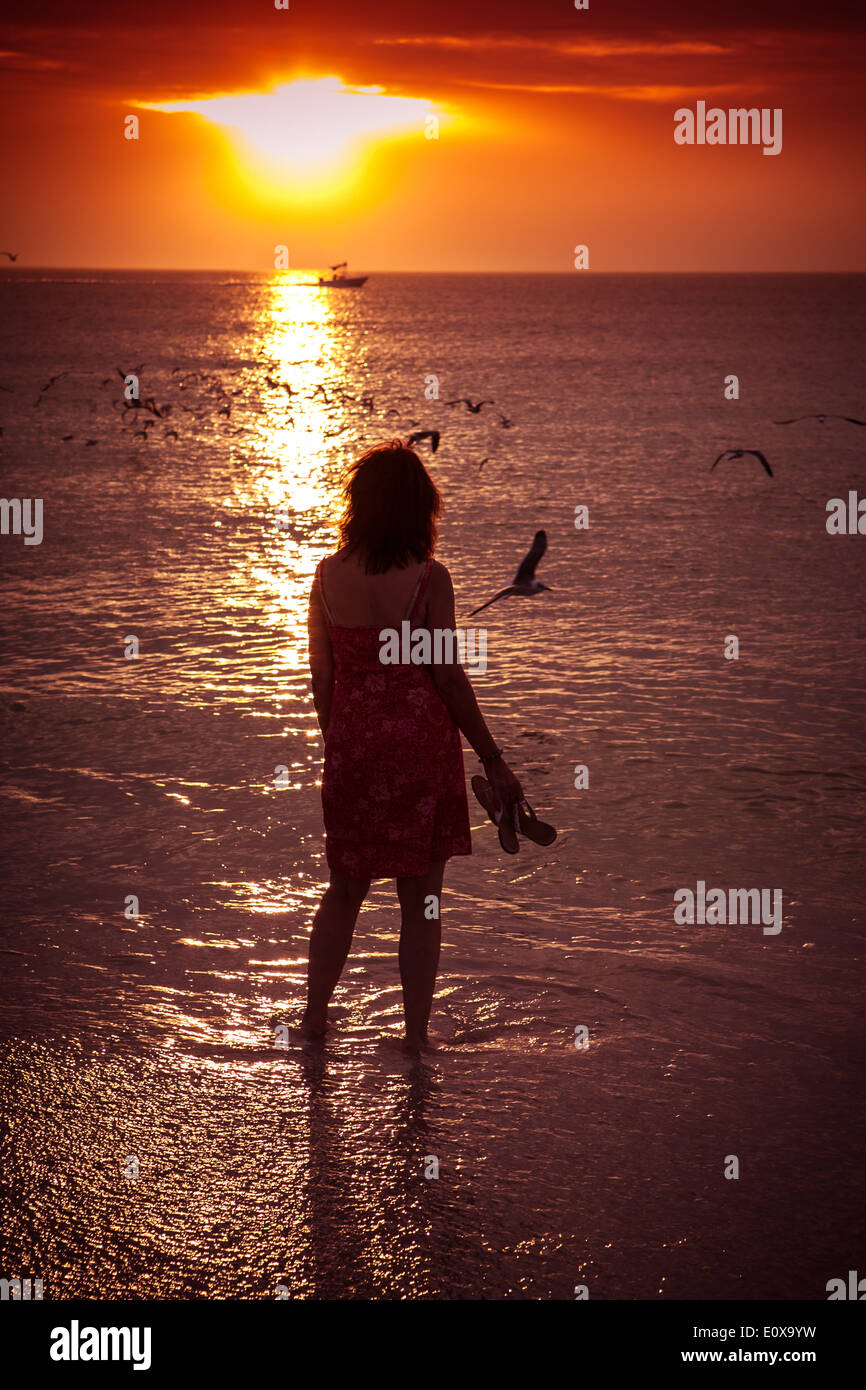 Woman alone on a beach at sunset Stock Photo - Alamy