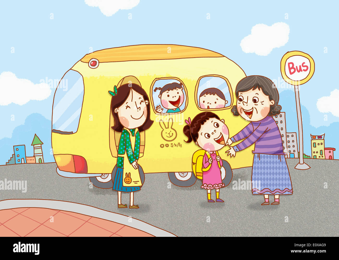 a grandmother meeting her grandchild at a bus stop Stock Photo - Alamy