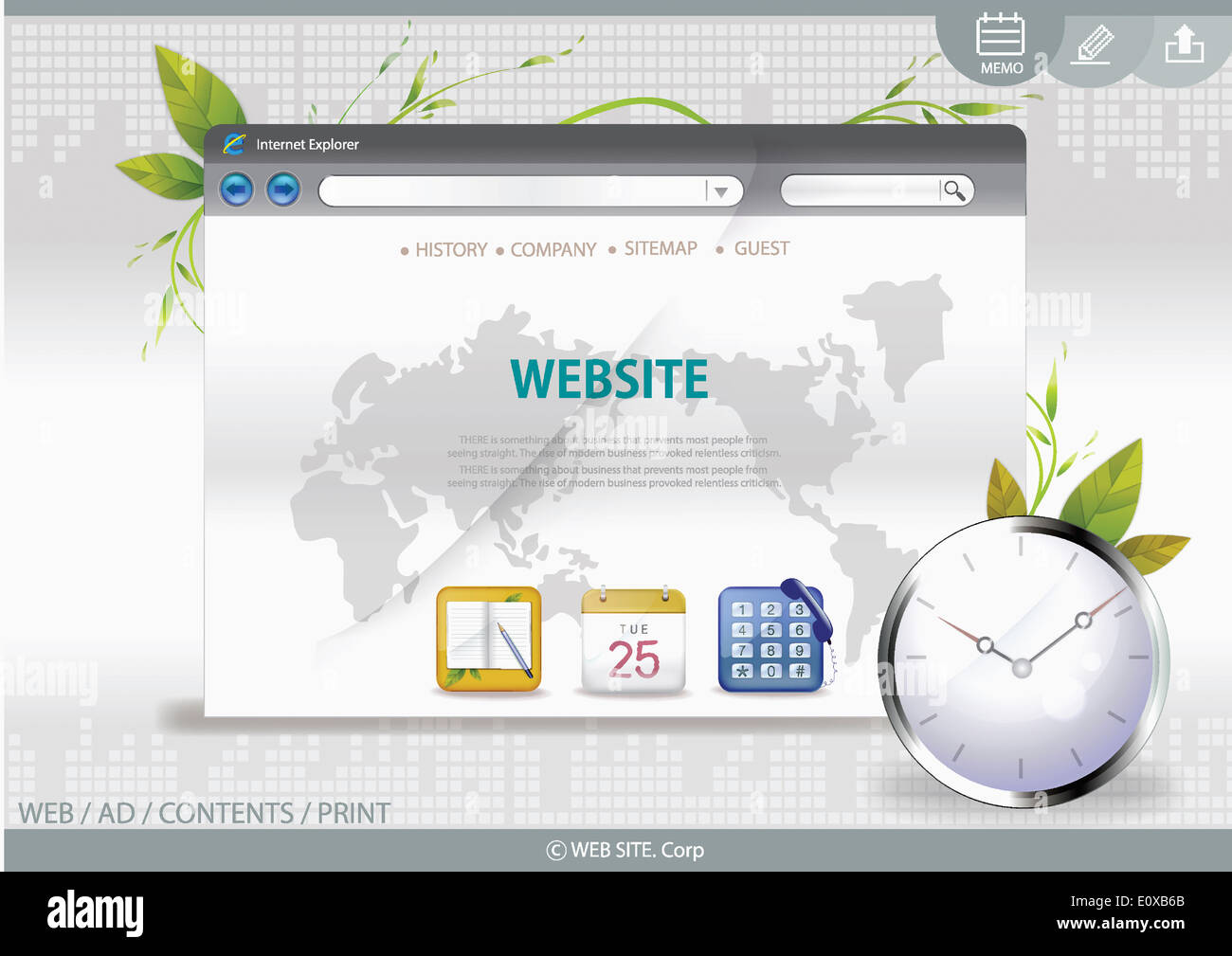 a website template with a map and a clock Stock Photo - Alamy