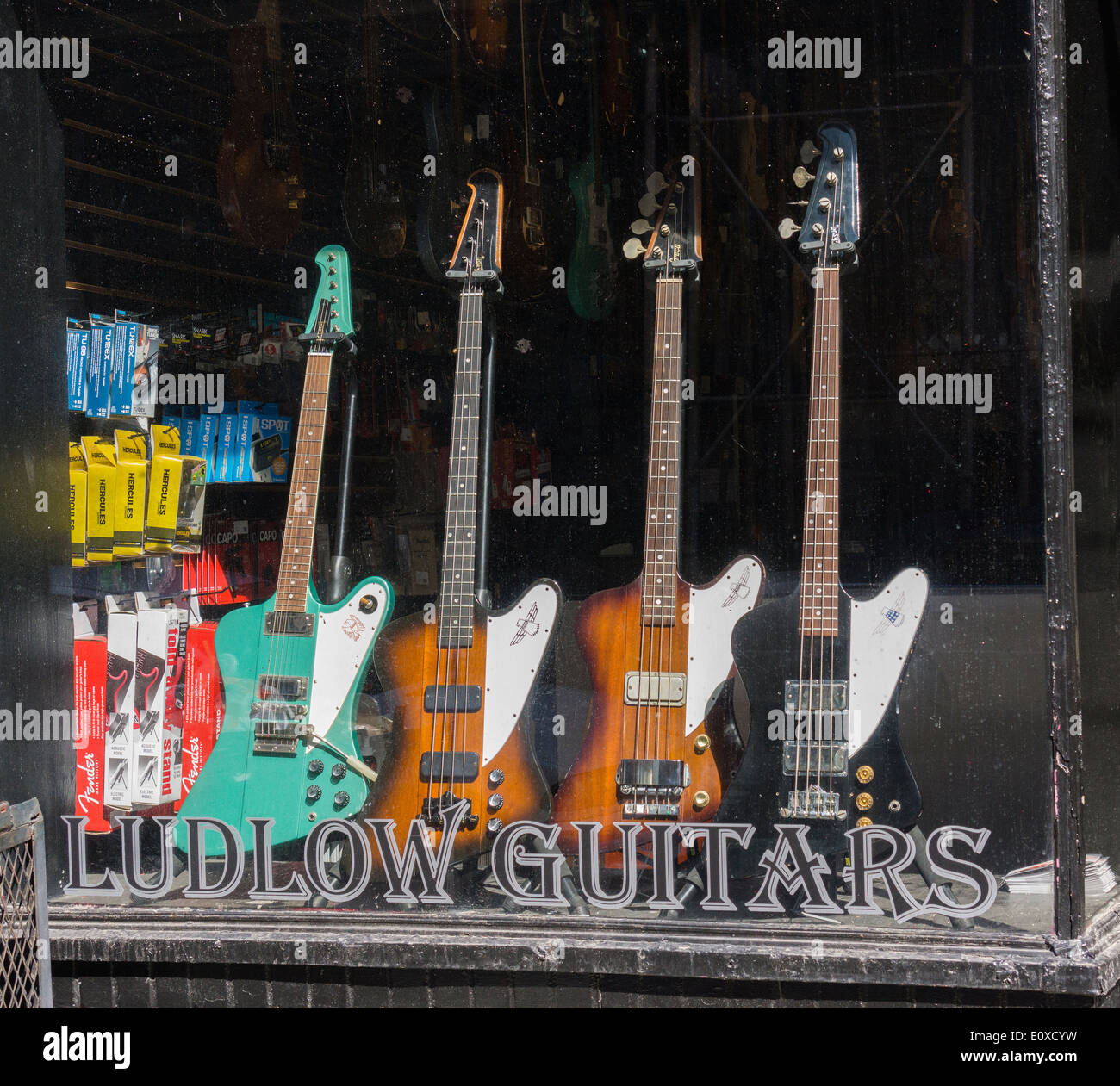 Window display at Ludlow Guitars in the Lower East Side neighborhood of ...