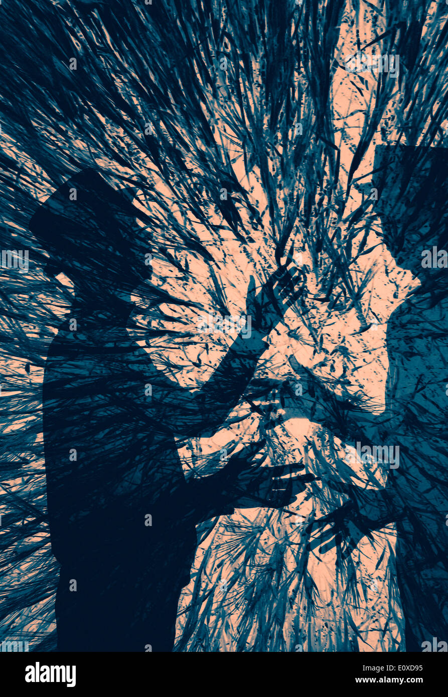 Silhouette of two men with hats discussing. Dreamlike and conceptual ...