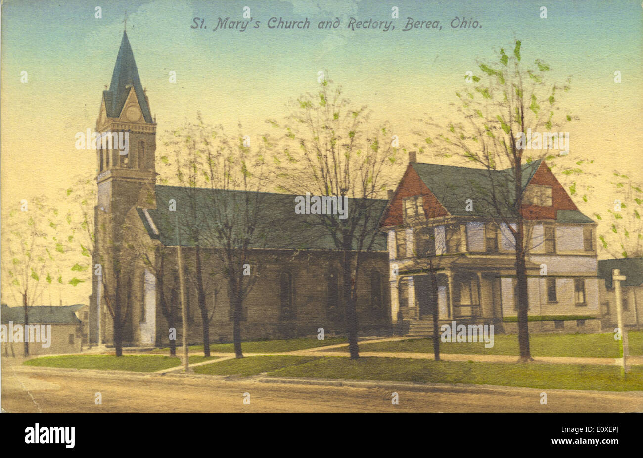 The postcard shows St. Mary’s Church and its rectory in Berea, Ohio ...