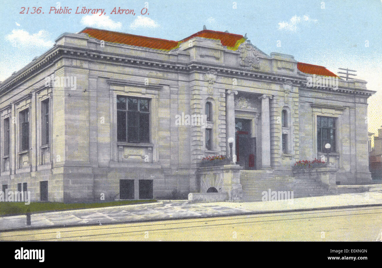 This postcard shows historic buildings from the Akron Public Library in ...