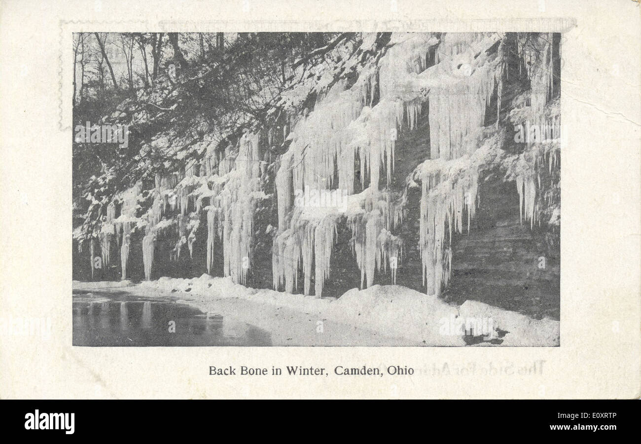 This postcard shows the 'Back Bone in Winter' scene in Camden, Ohio ...