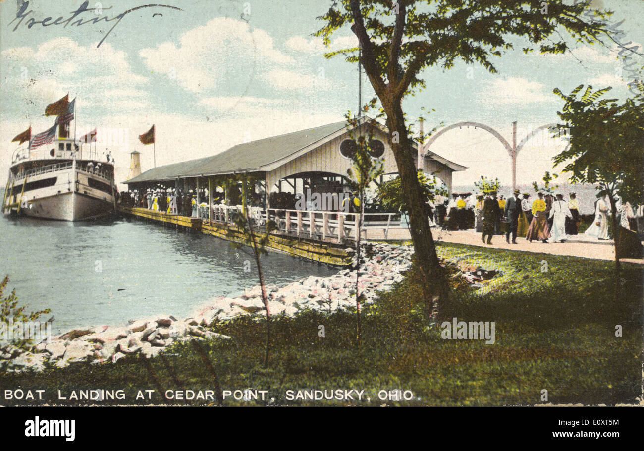 This historical postcard shows the boat landing at Cedar Point, Ohio ...