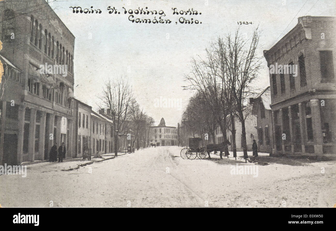 This vintage postcard captures a view of Main Street in Camden, Ohio ...