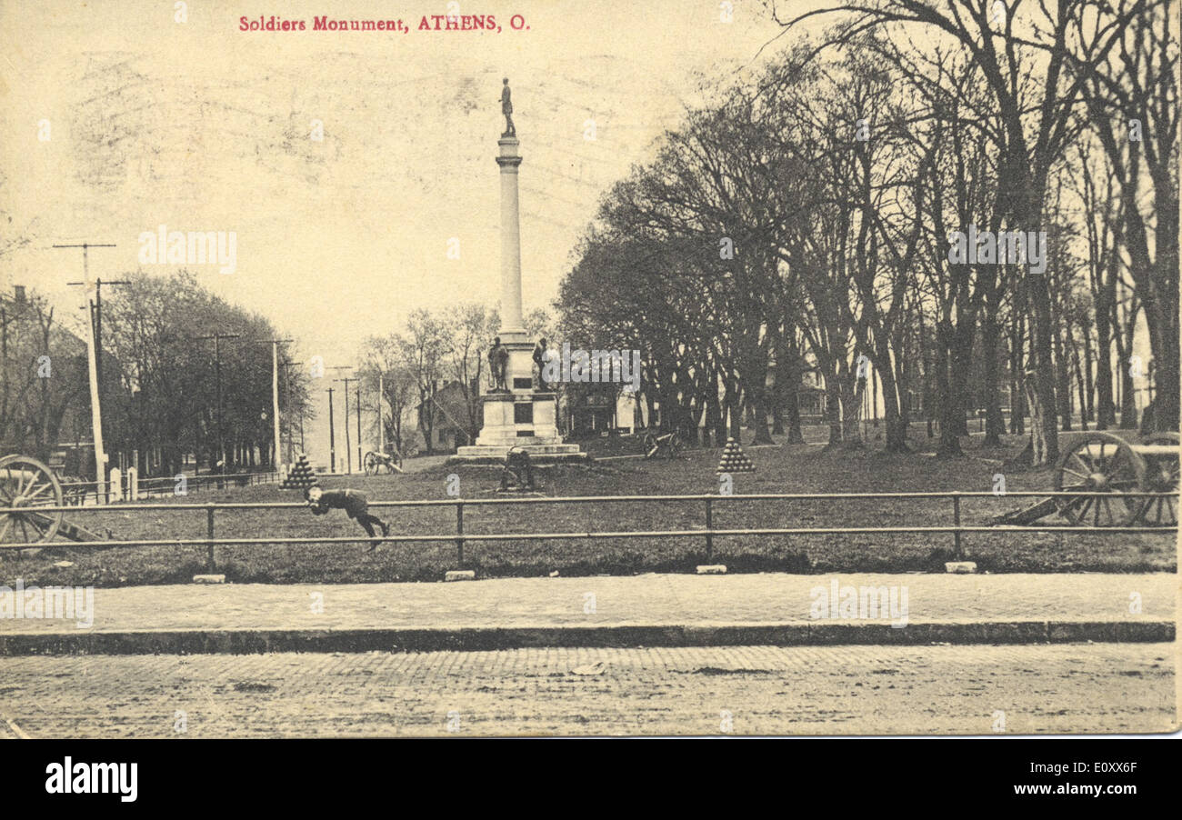 The Soldiers Monument in Athens, Ohio, is captured in this postcard ...