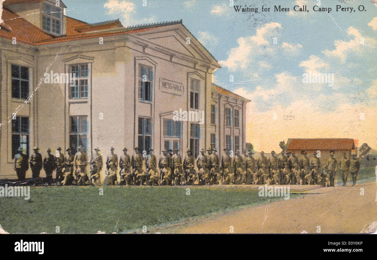 This image captures soldiers waiting for the mess call at Camp Perry ...