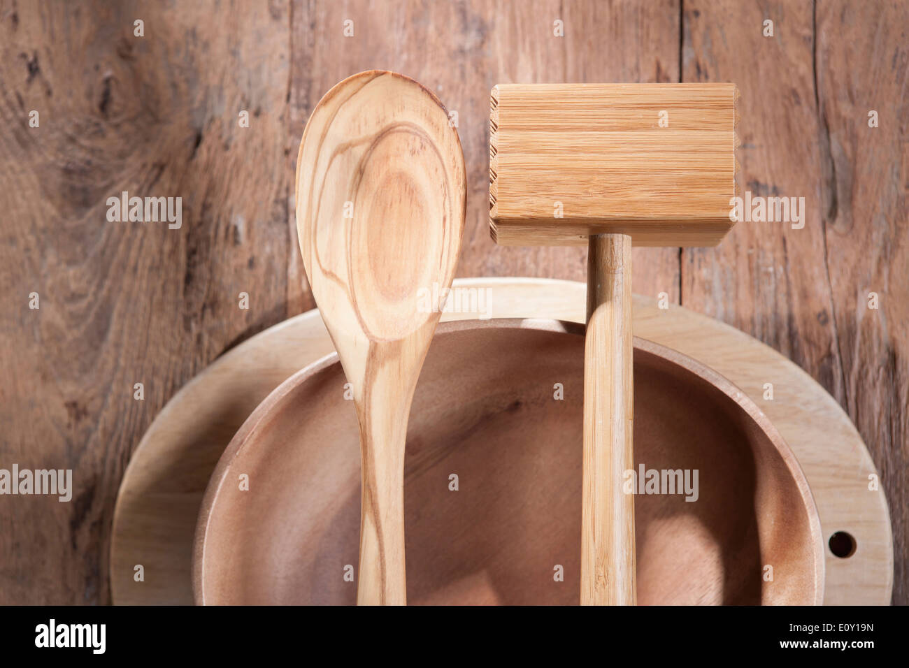 wooden kitchen tools on a wooden table Stock Photo - Alamy