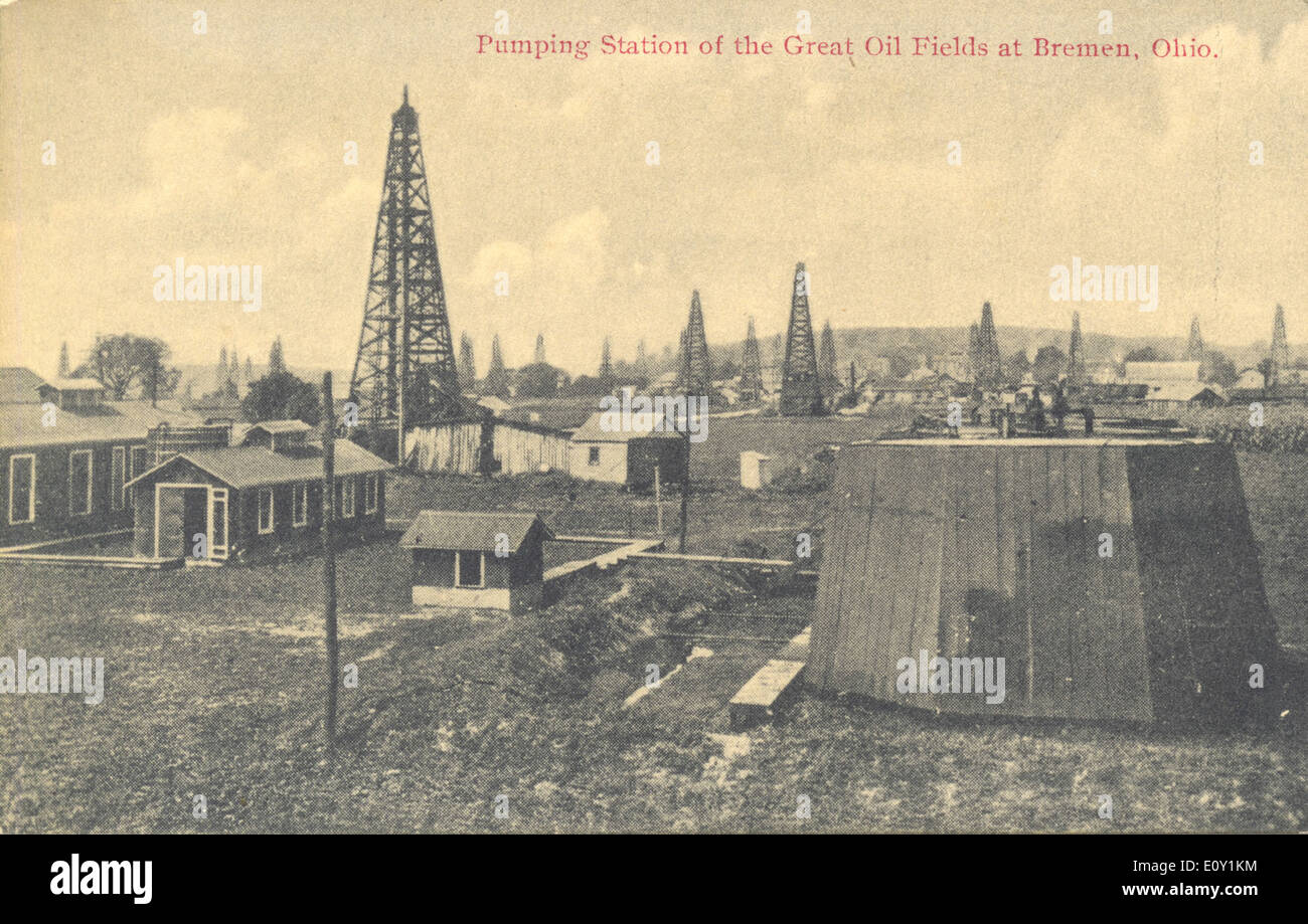 A historic postcard showcasing the pumping station of the Great Oil ...