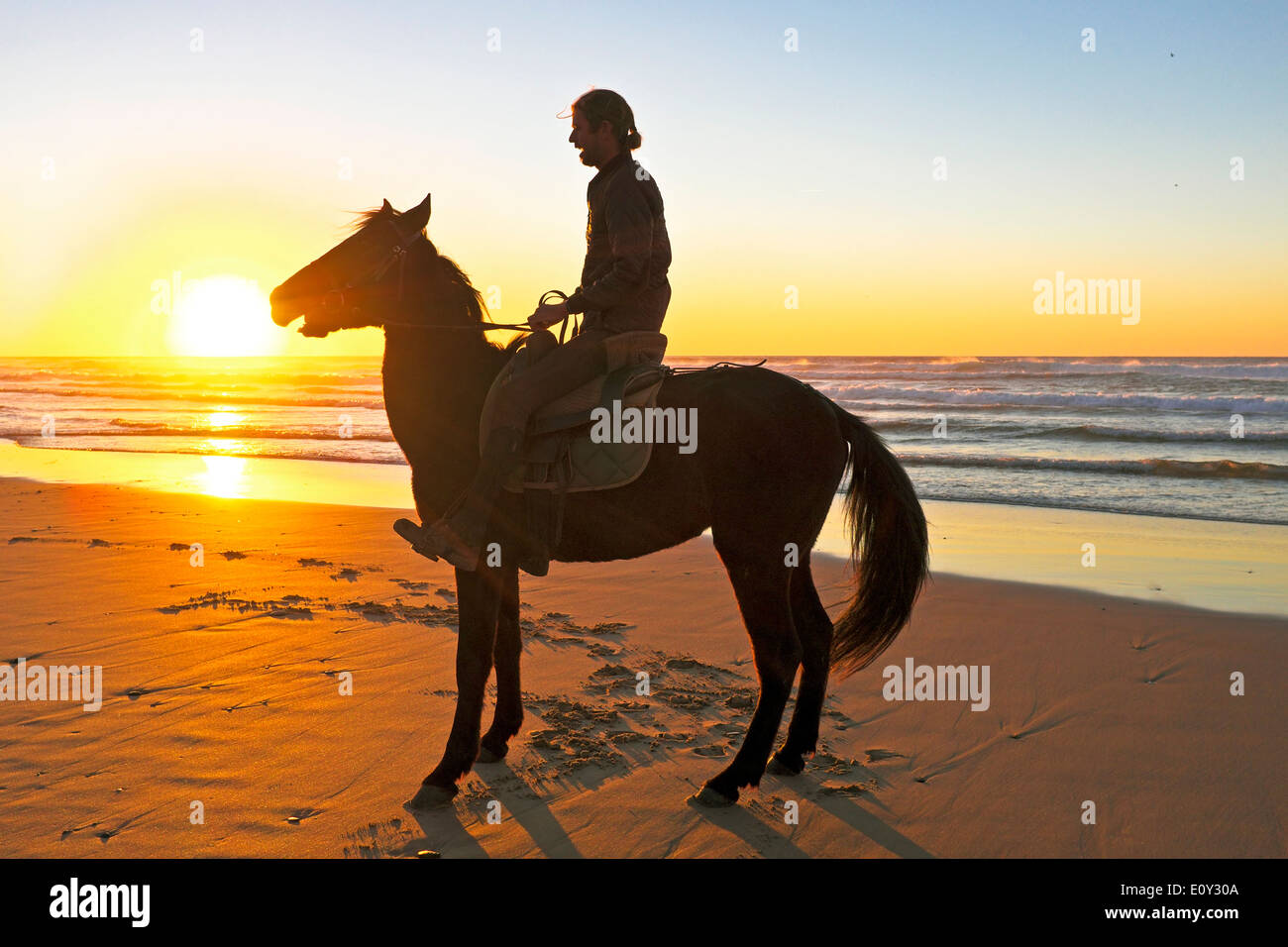 Horse riding on the beach at sunset Stock Photo - Alamy
