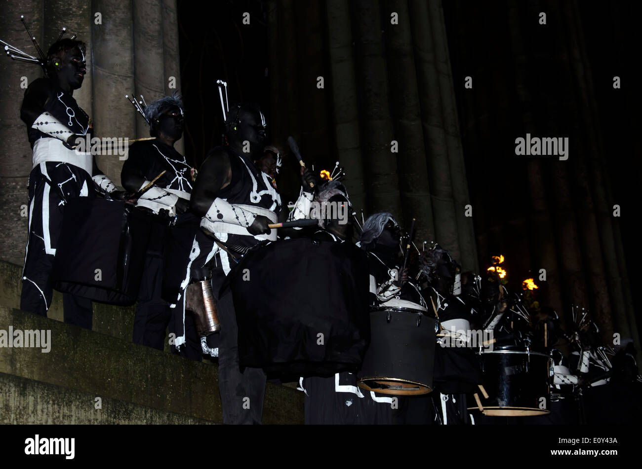 Drum band in pagan costumes at the Beltane Fire Festival on Calton Hill ...