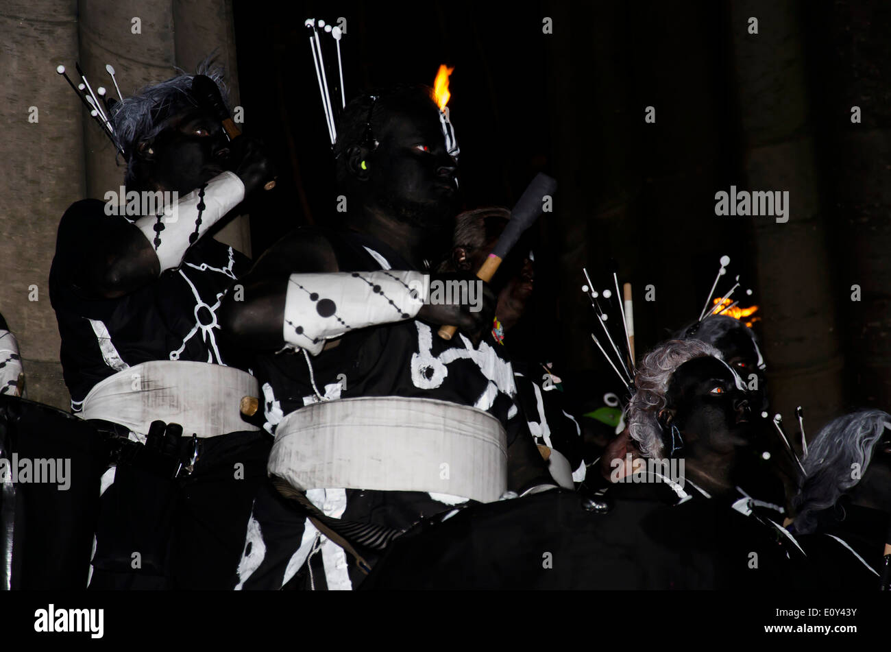 Drum band in pagan costumes at the Beltane Fire Festival on Calton Hill ...