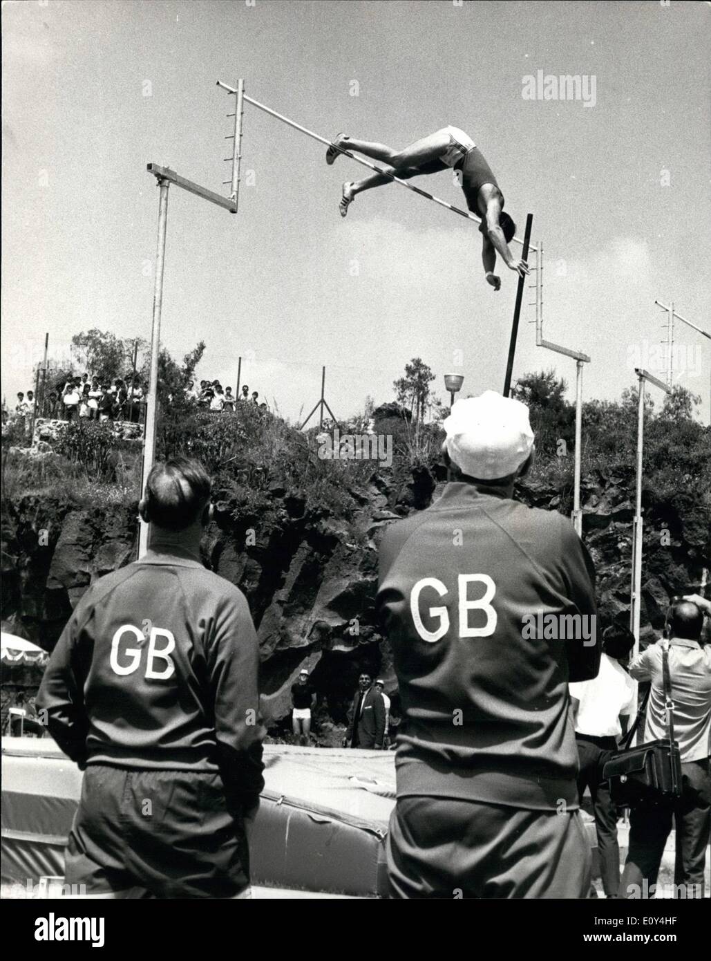 Oct. 10, 1968 - Pre-Olympic practise. Mike Bull goes up and over. Photo ...