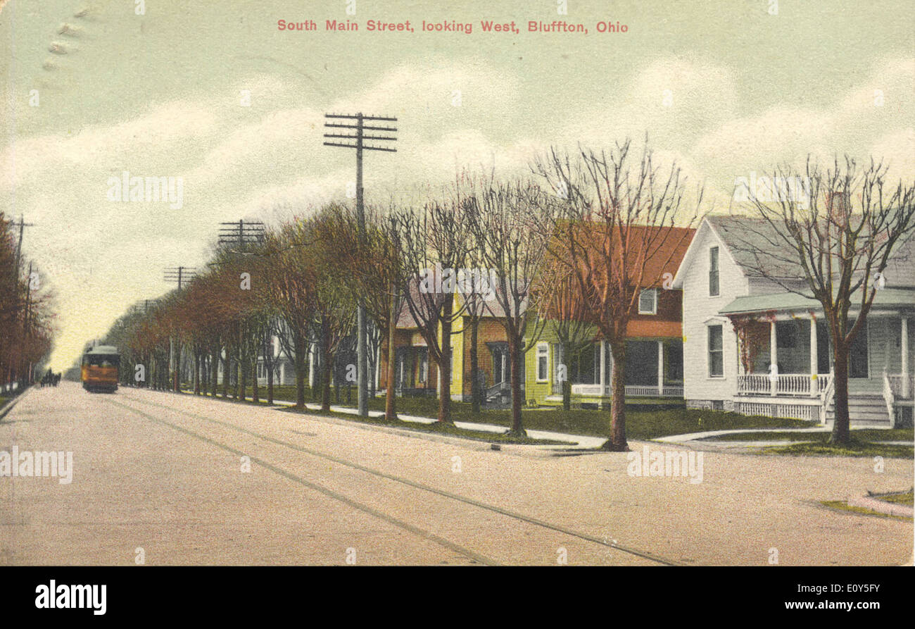 This postcard image shows a view of South Main Street in Bluffton, Ohio ...