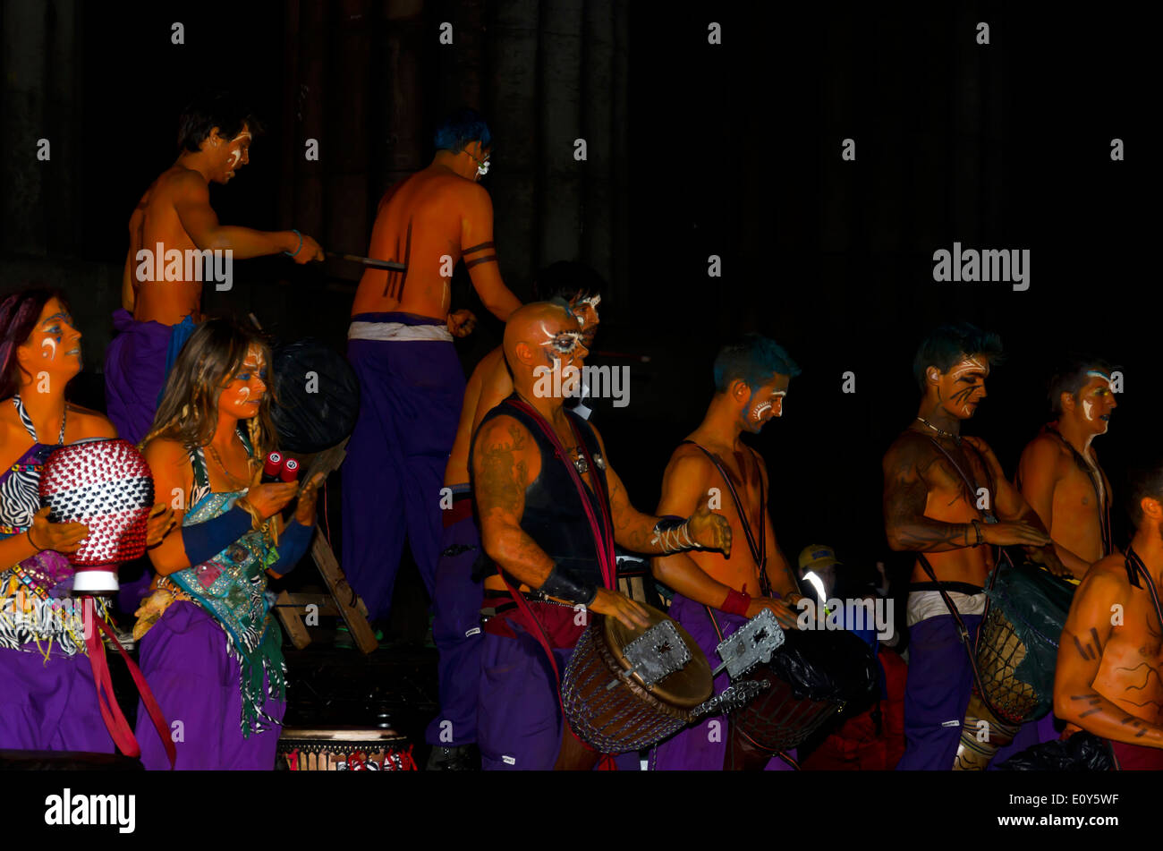 Drum band in pagan costumes at the Beltane Fire Festival on Calton Hill ...