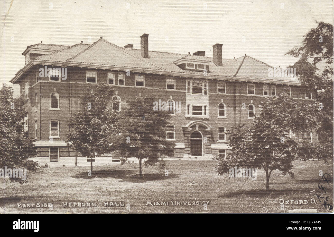 The postcard features the dormitories of Hepburn Hall at Miami ...