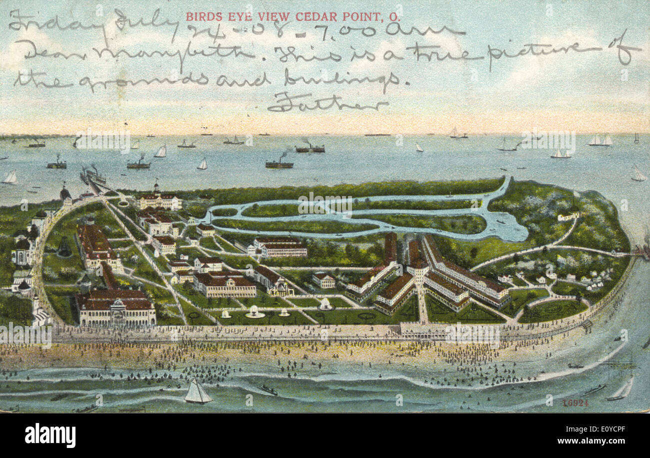 This aerial photograph captures a bird's-eye view of Cedar Point, a ...