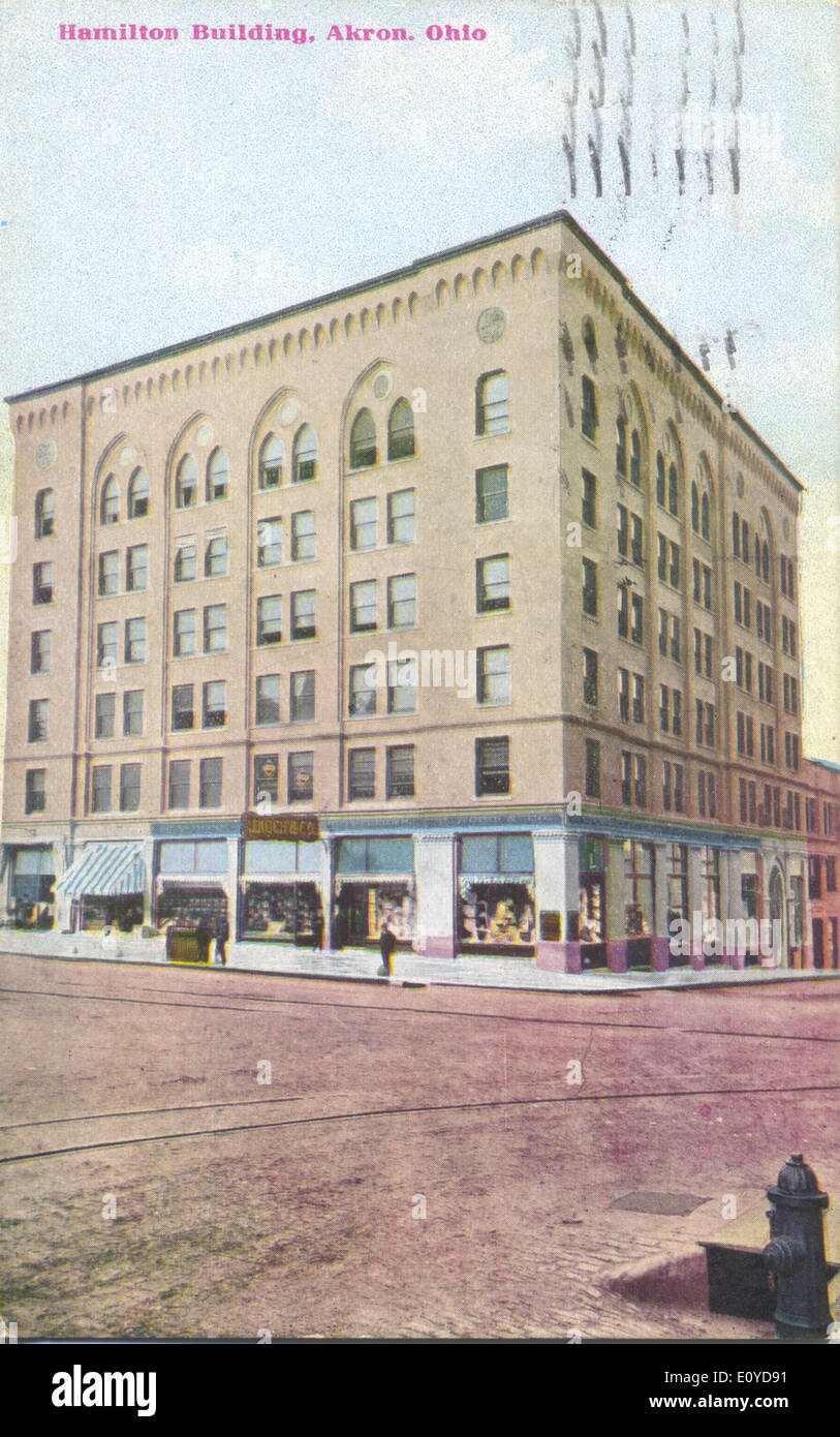 A historical postcard depicting the Hamilton Building in Akron, Ohio ...