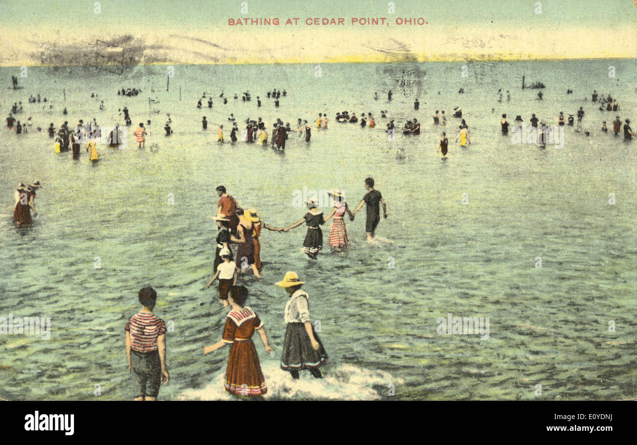 This vintage postcard from Cedar Point, Ohio, showcases people swimming ...
