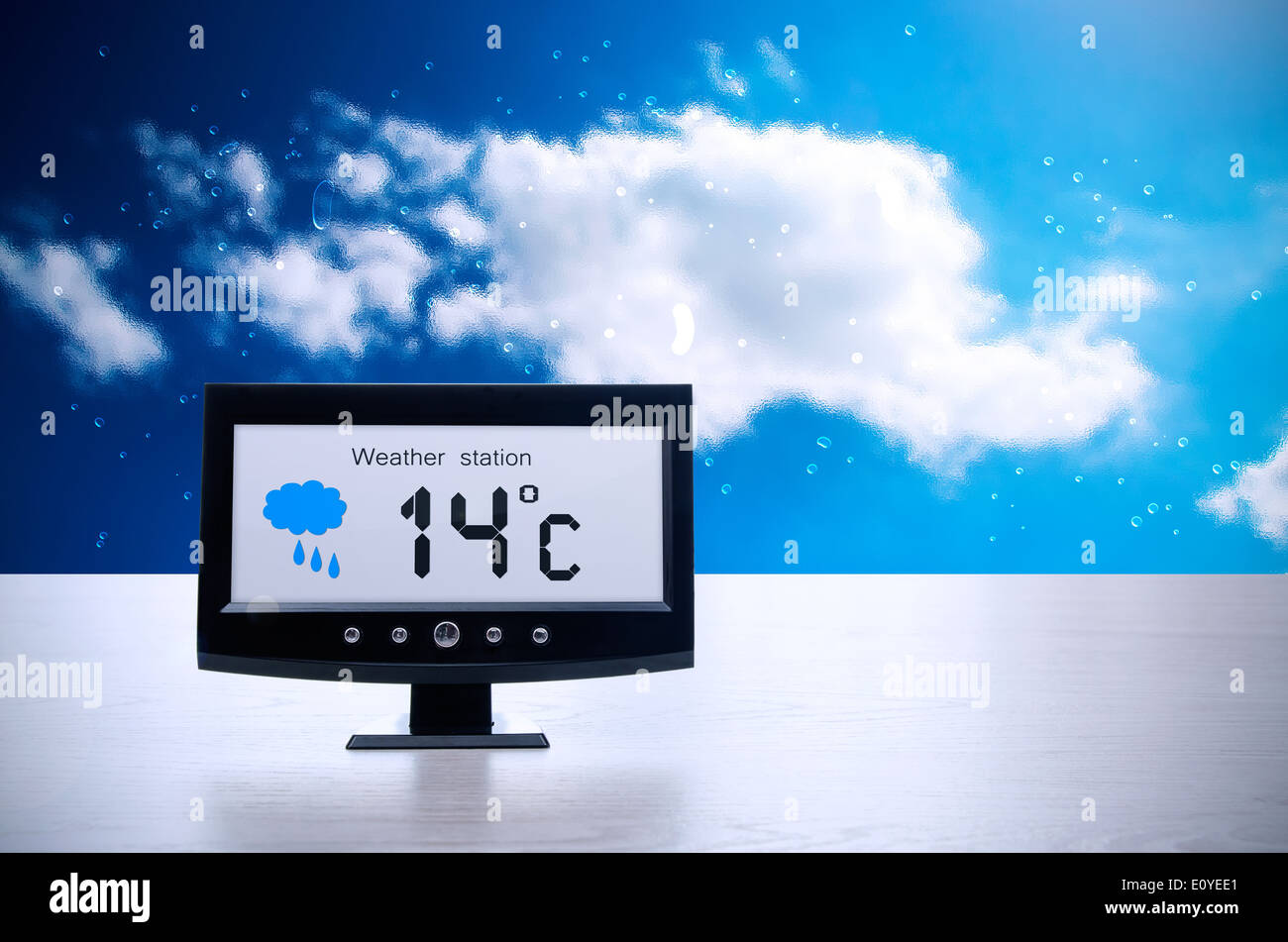 Weather station device with weather conditions outside background Stock ...
