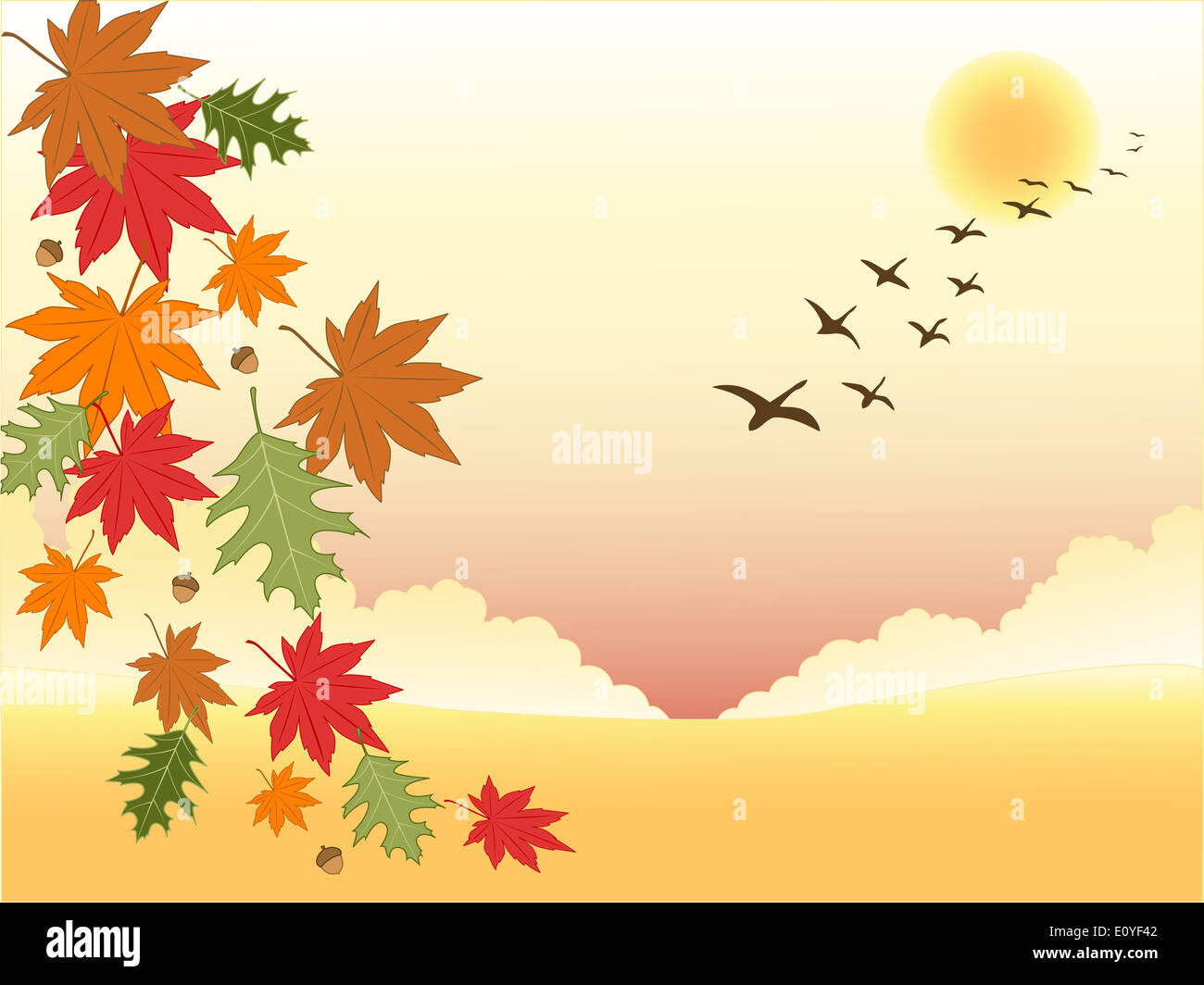 autumn background with falling leaves and flying birds Stock Photo - Alamy