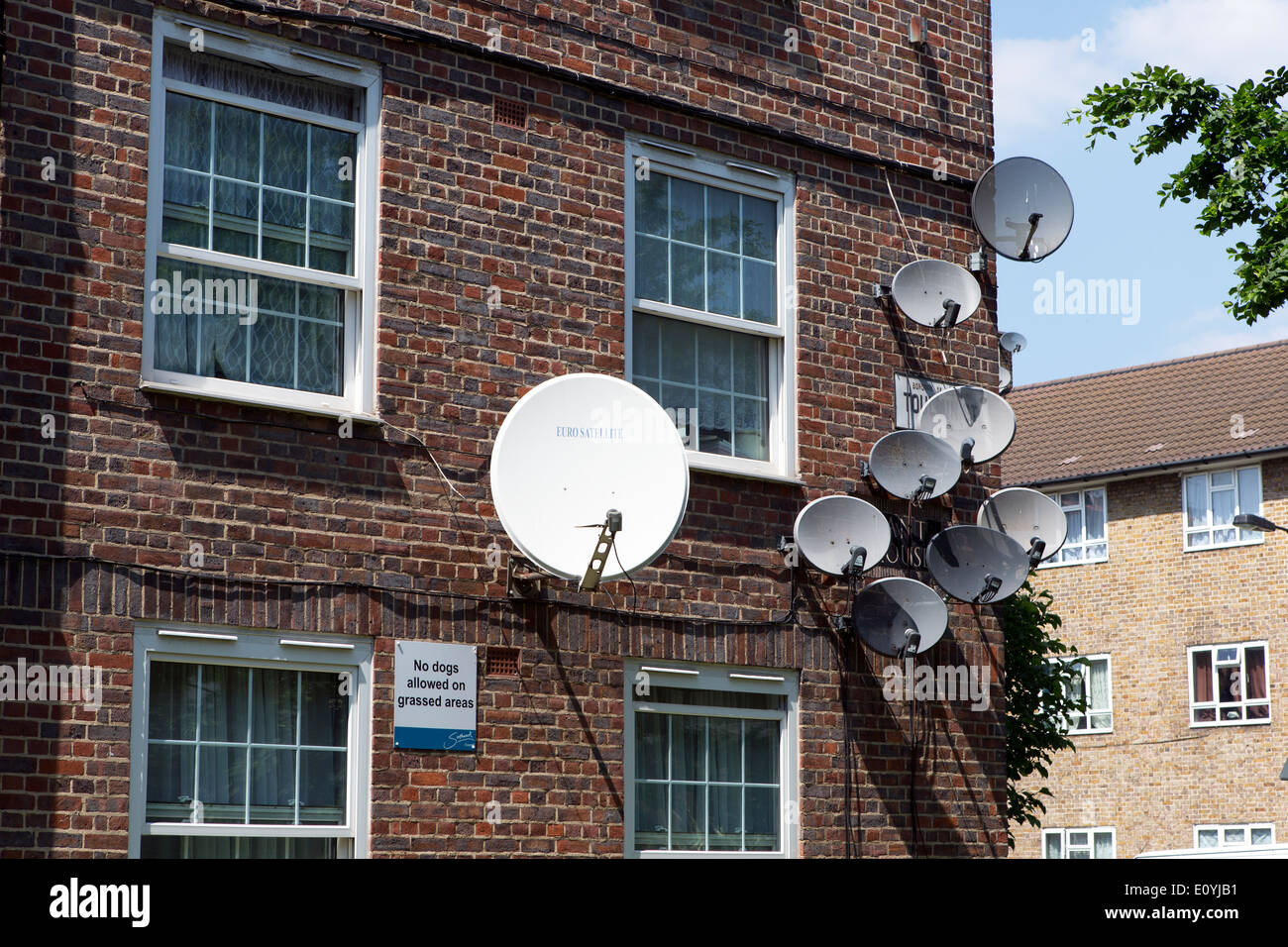 Satellite dishes on the outside of Lant House, Toulmin Street, London ...