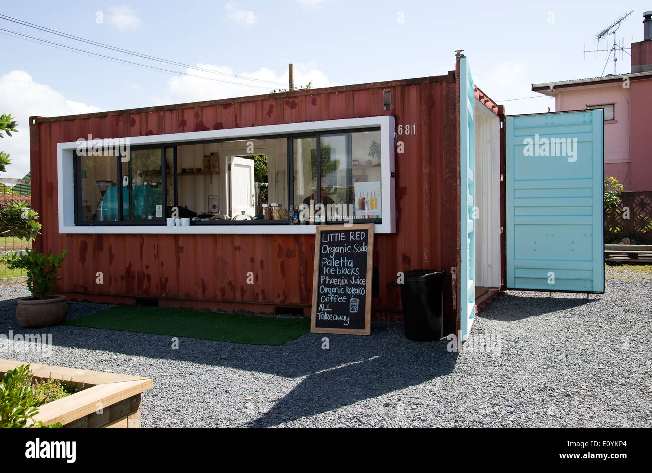 Roadside cafe made from an old metal shipping container Stock Photo - Alamy
