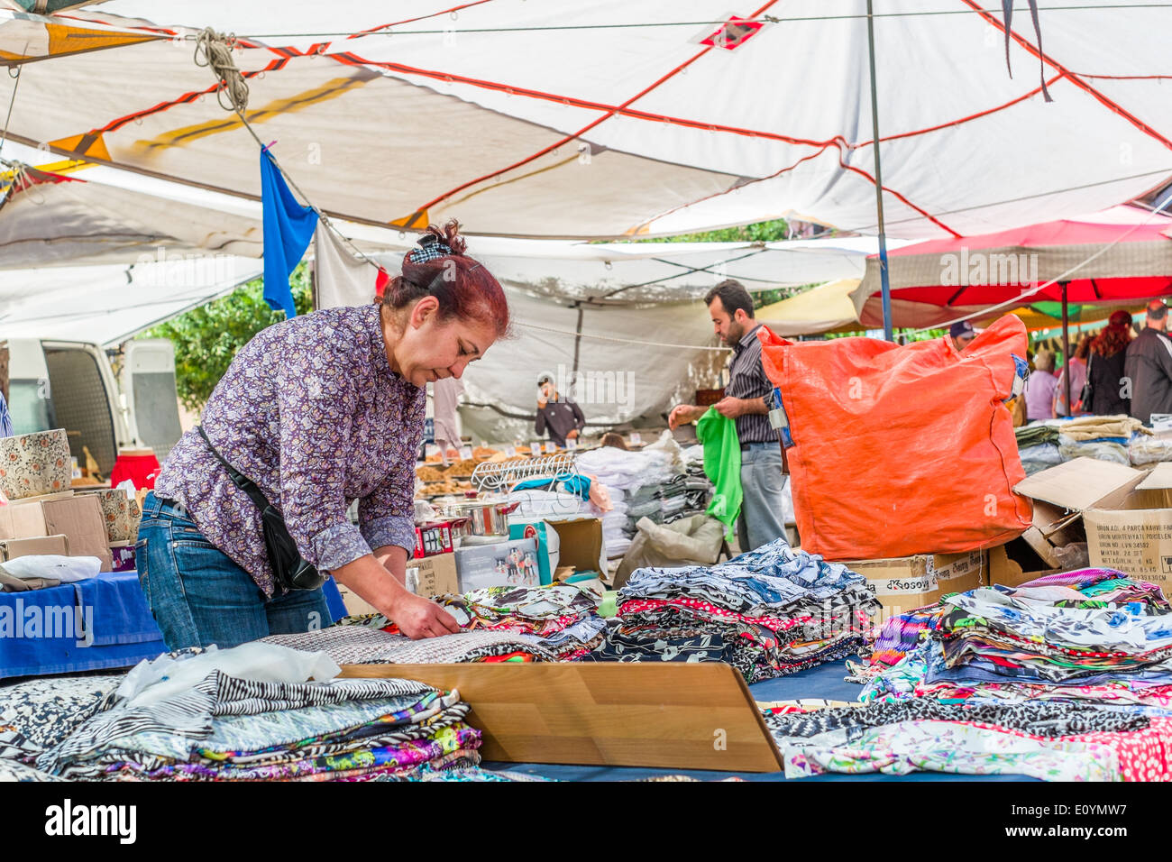 The weekly Tuesday market in Foca, Izmir District, Turkey, stall holder ...