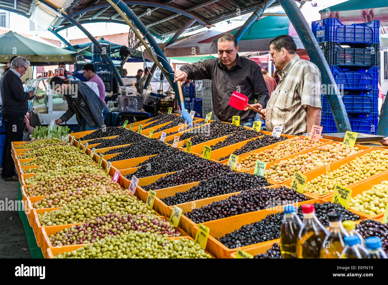 The weekly Tuesday market in Foca, Izmir District, Turkey, stall ...