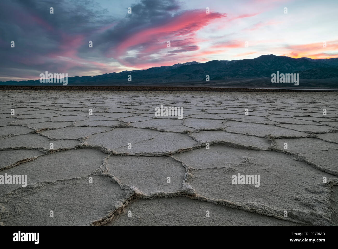 Spectacular sunset over the Panamint Range and the salt polygons of ...