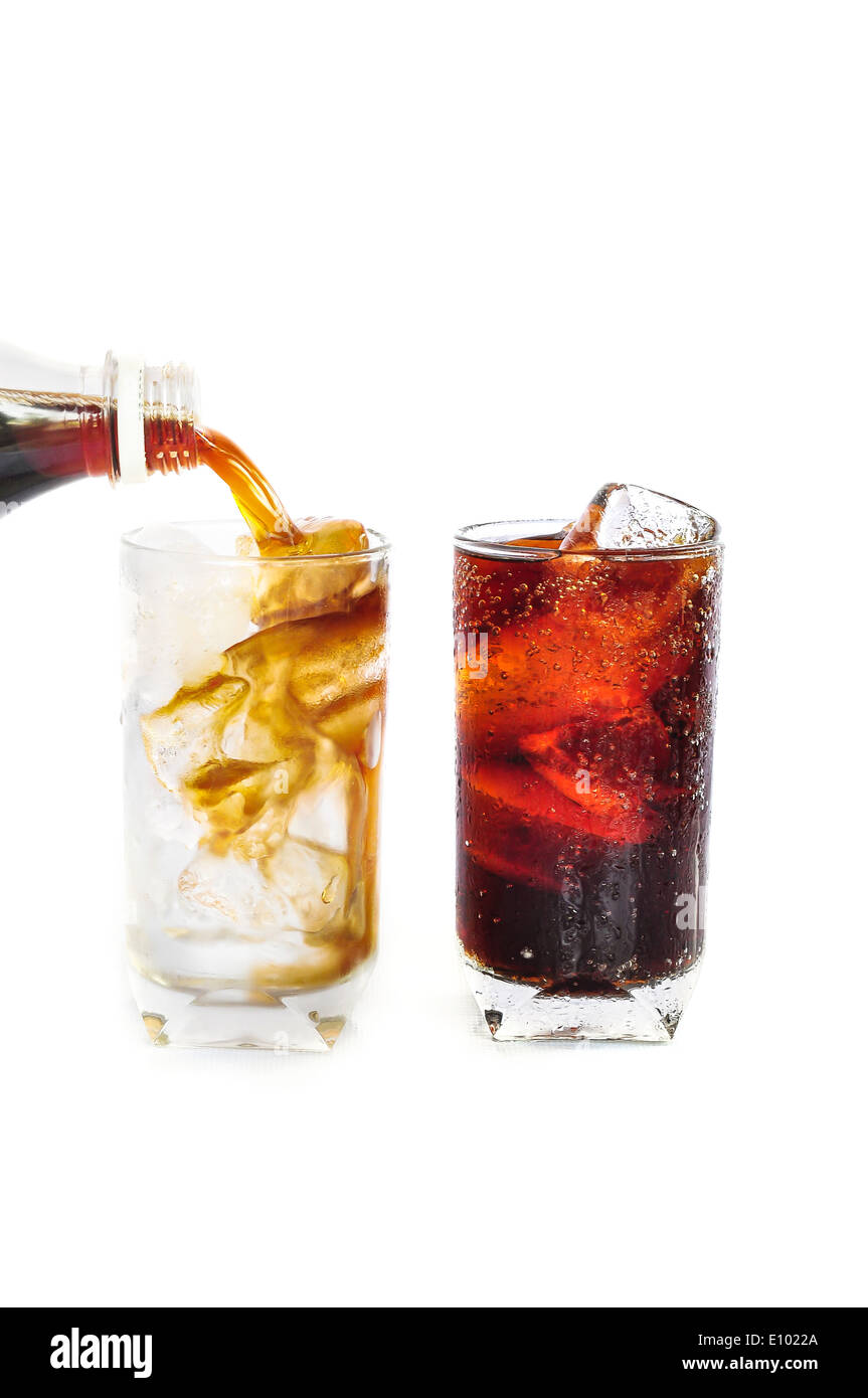 Pouring cola drink from a bottle into glass on white background Stock ...