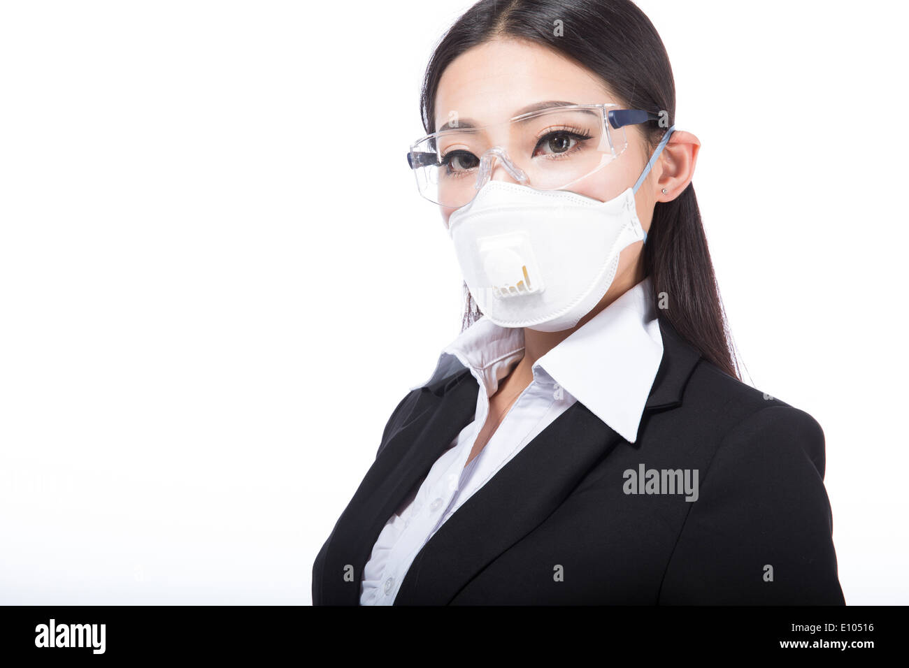 black hair girl with a mask on her face. Isolated on white Stock Photo ...