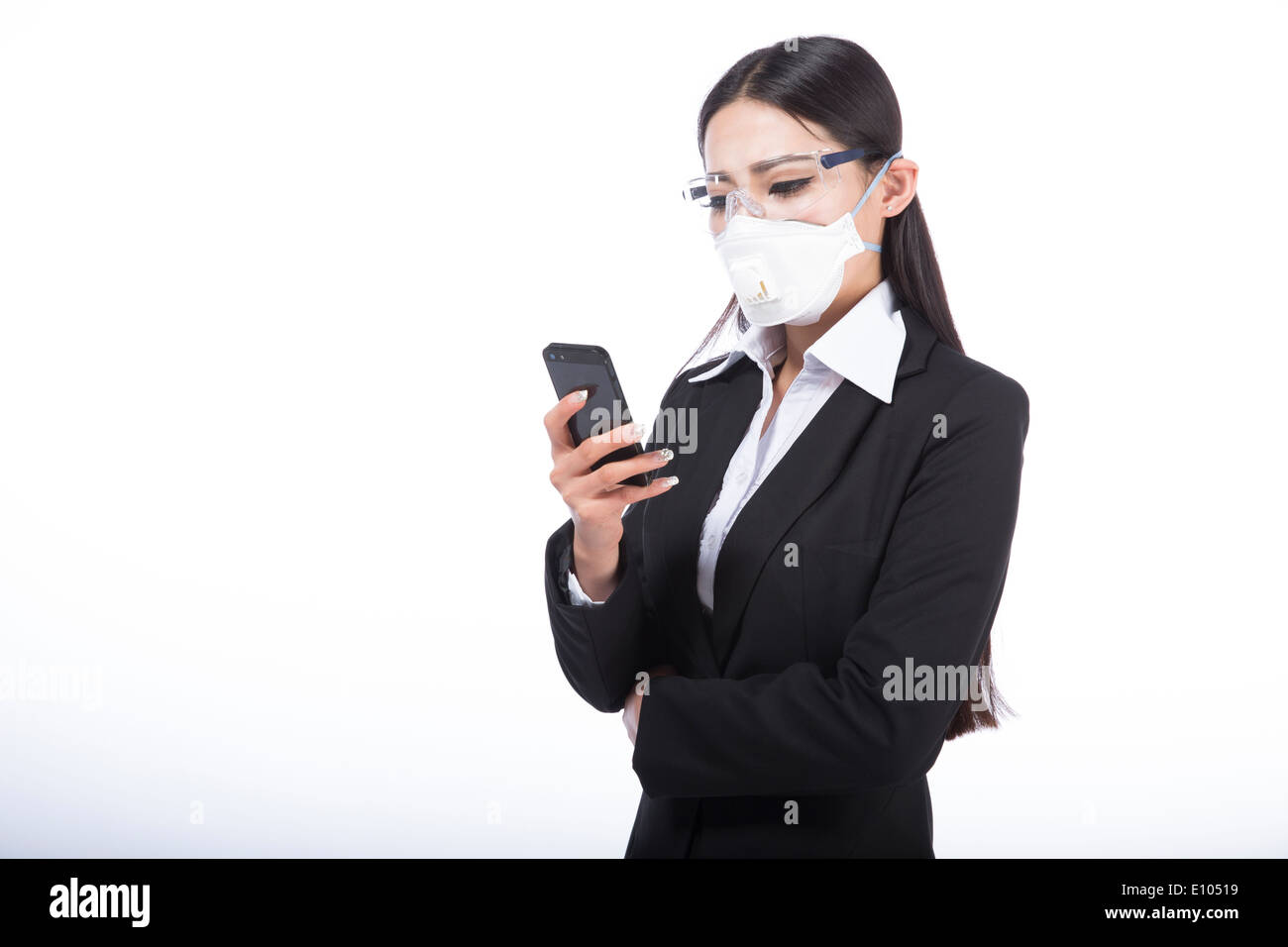 black hair girl with a mask on her face. Isolated on white Stock Photo ...