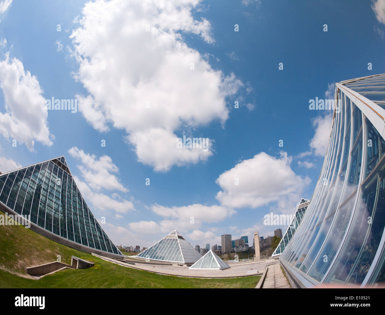 A fisheye view of the glass pyramids of the Muttart Conservatory and ...