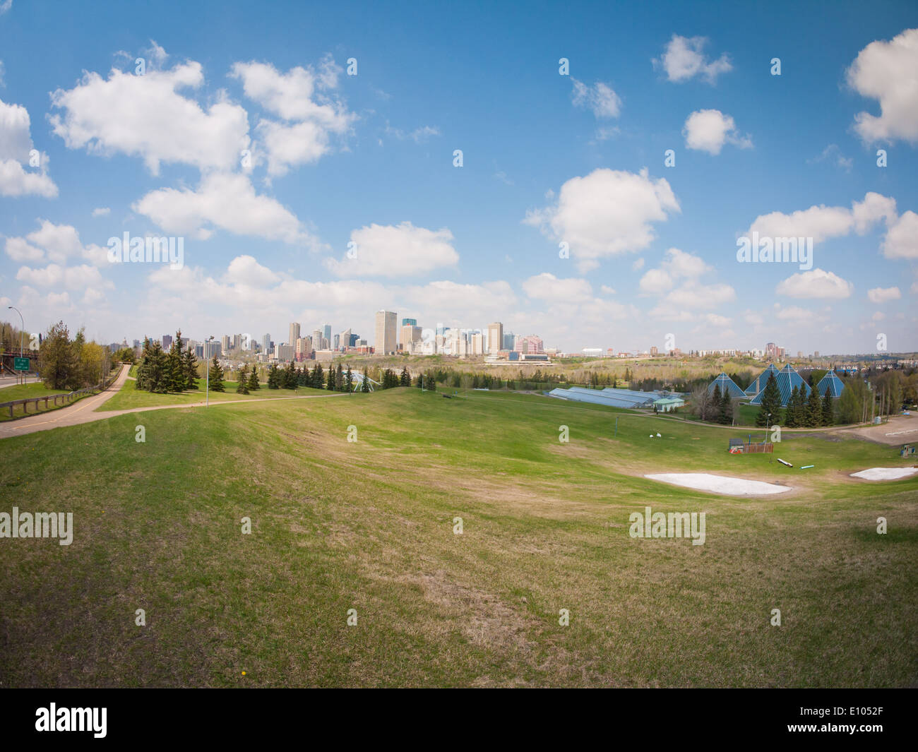 A wide angle view of Gallagher Park, the Edmonton skyline and the glass ...