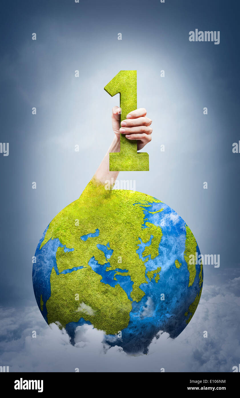 a man reaching from the globe and grabbing the number one Stock Photo ...