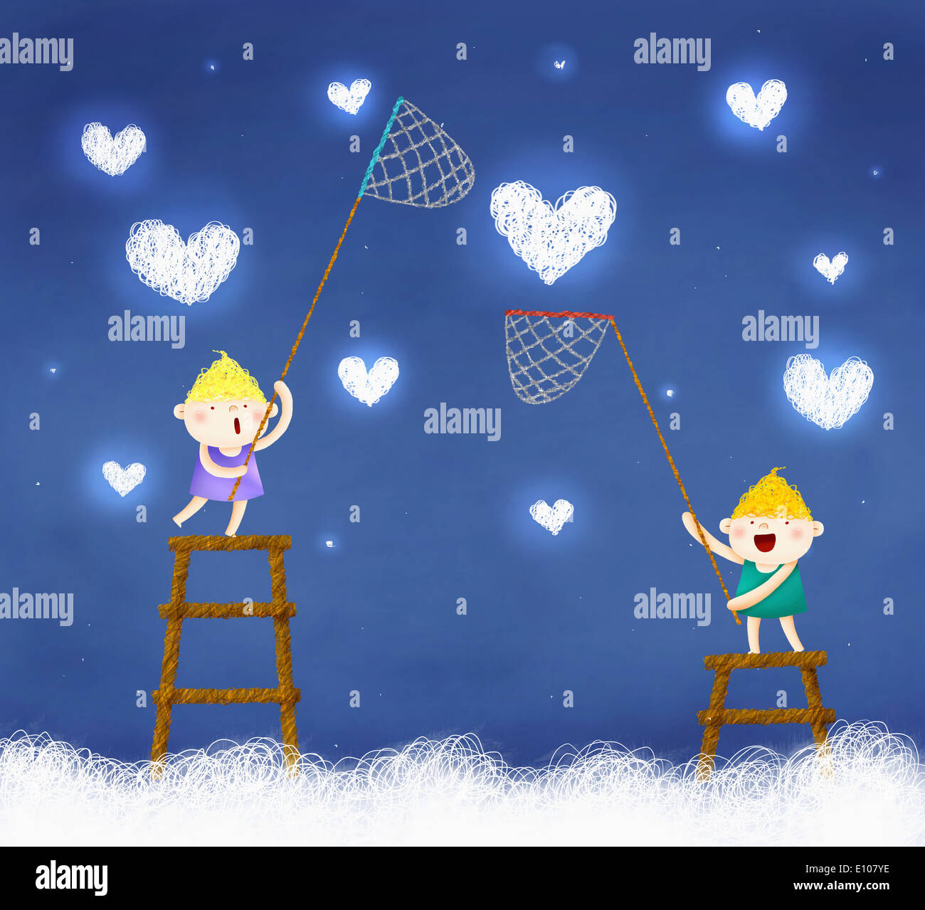 two kids catching hearts from the sky Stock Photo - Alamy