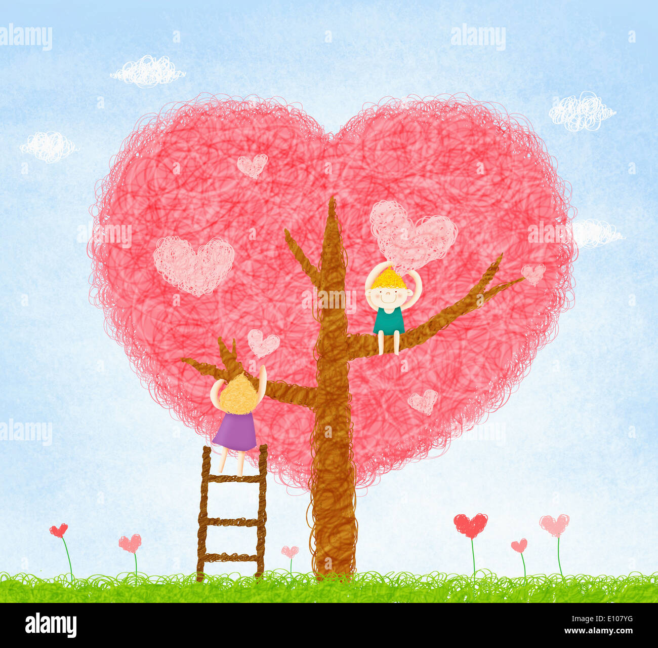 two kids playing in a heart shape tree Stock Photo - Alamy