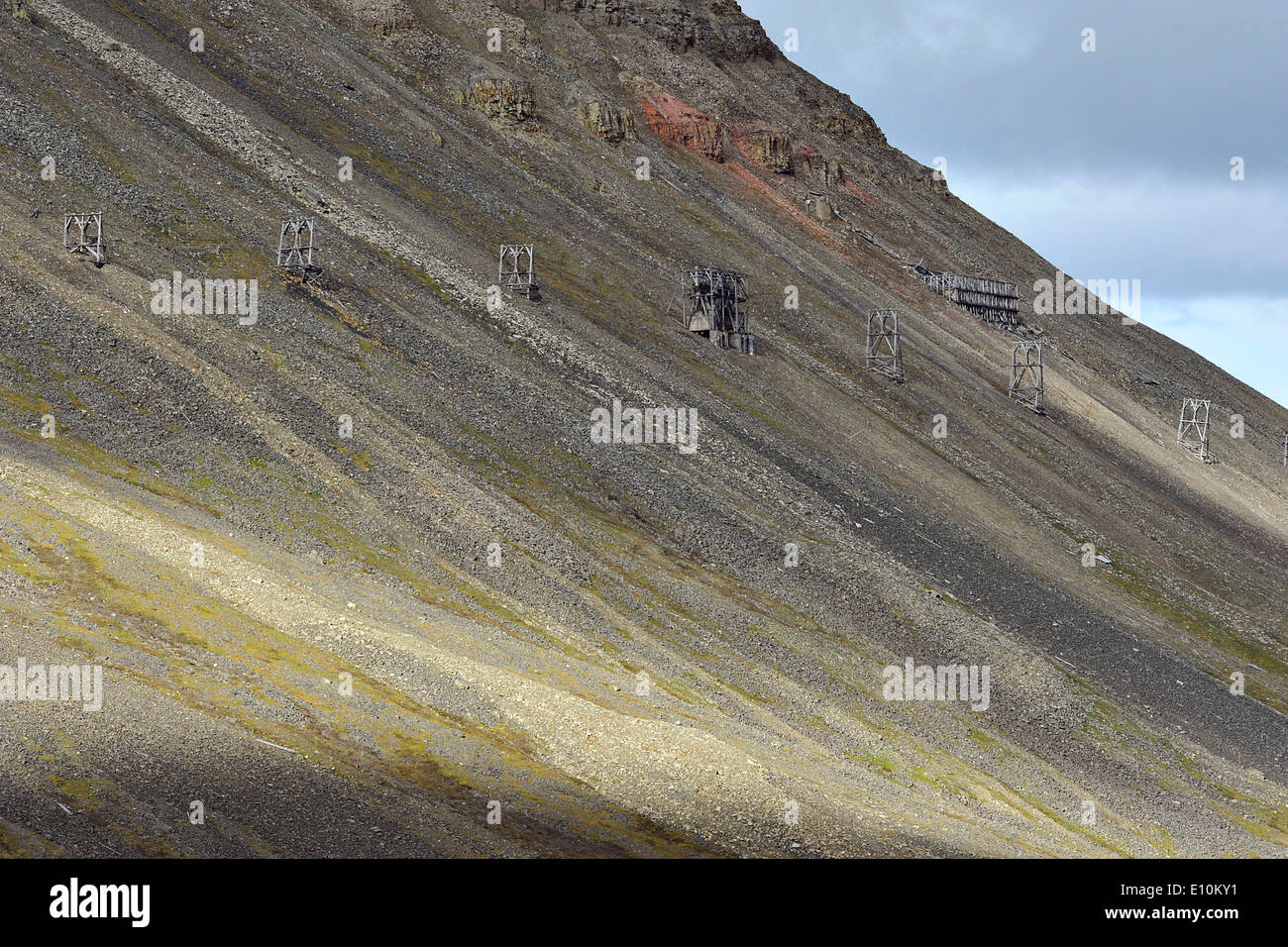 Parts of the historical mining cableway on the slope of the mountain ...