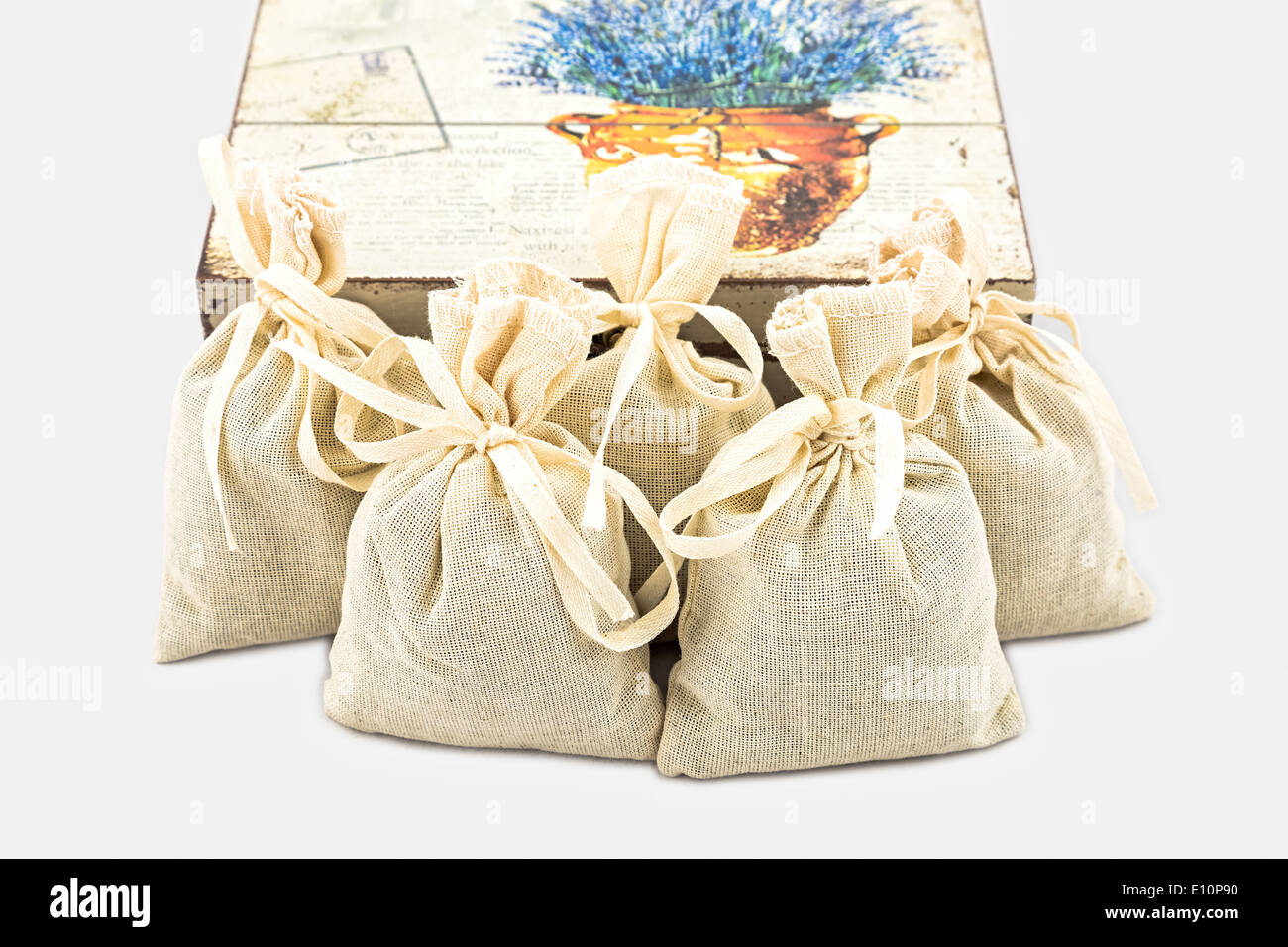 Textile sachet pouches with gift box on white background Stock Photo ...