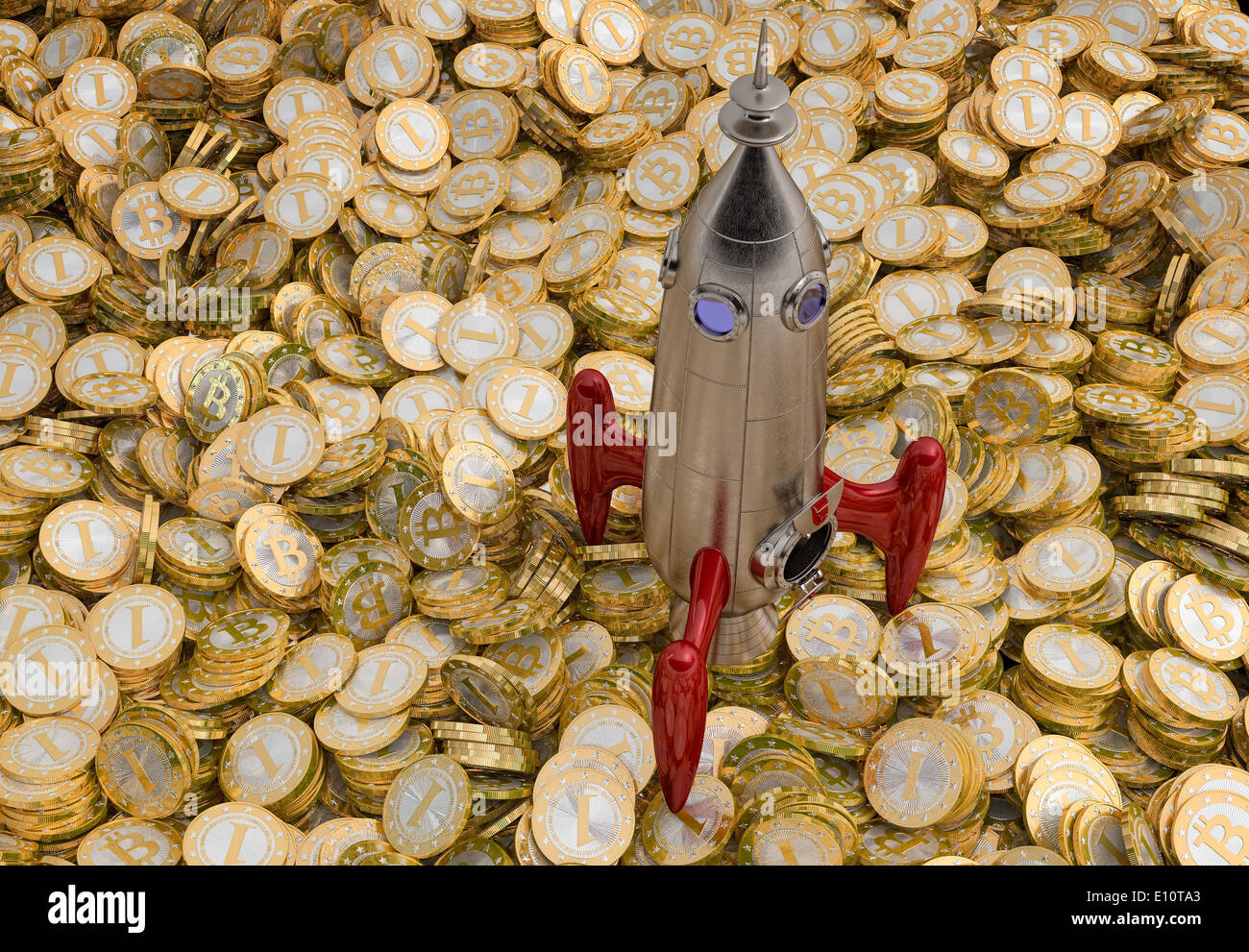 Rocket standing on a lot of Bitcoins Stock Photo - Alamy