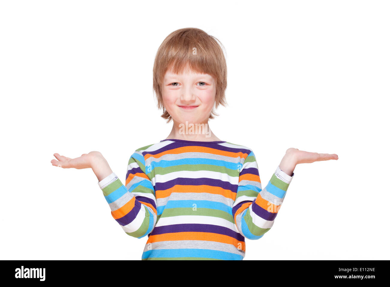 Boy Stretching out his Arms with Palms up, Looking, Smiling - Isolated ...