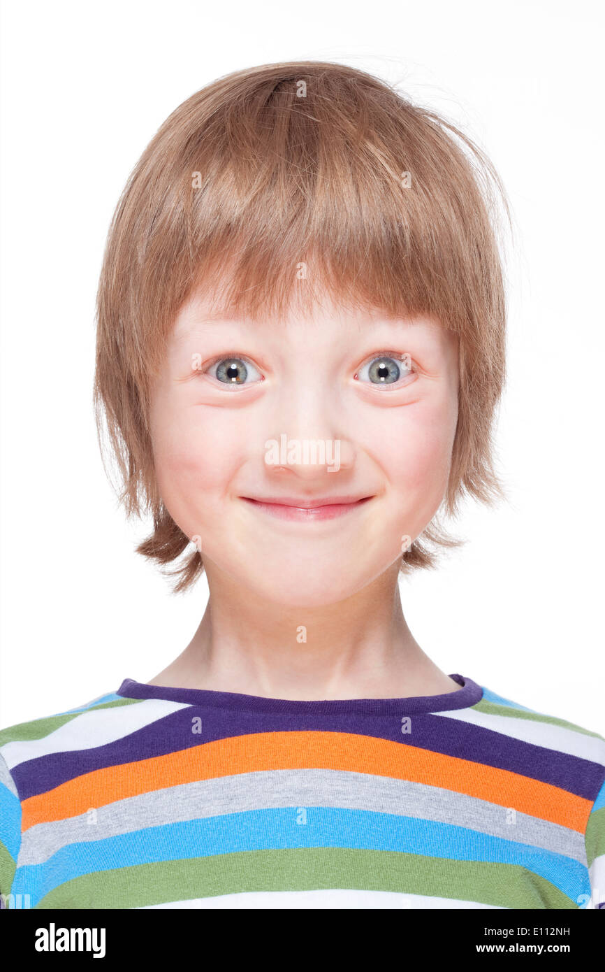 Portrait of a Boy with Blond Hair Smiling - Isolated on White Stock ...