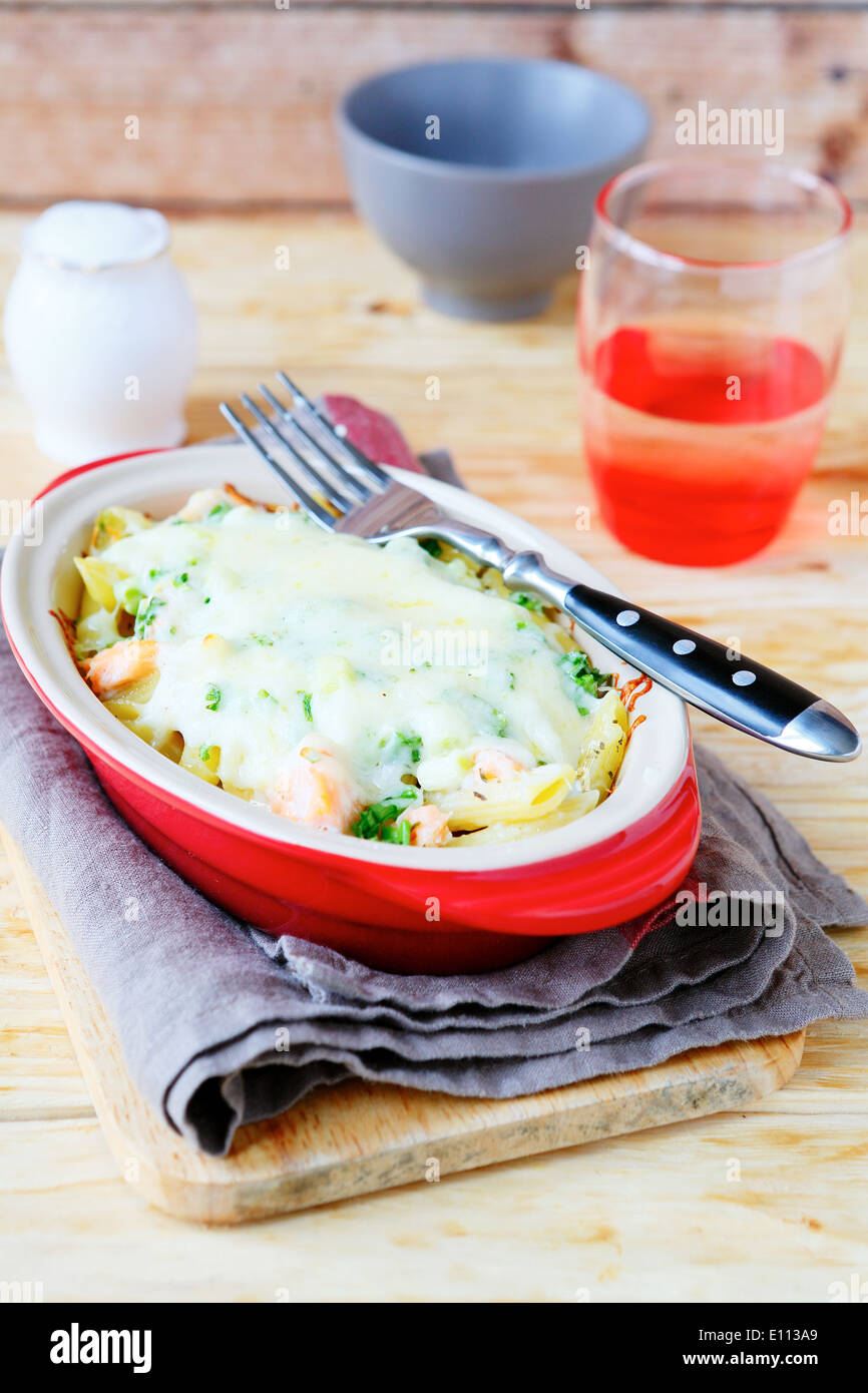 penne pasta with slices of salmon Stock Photo - Alamy