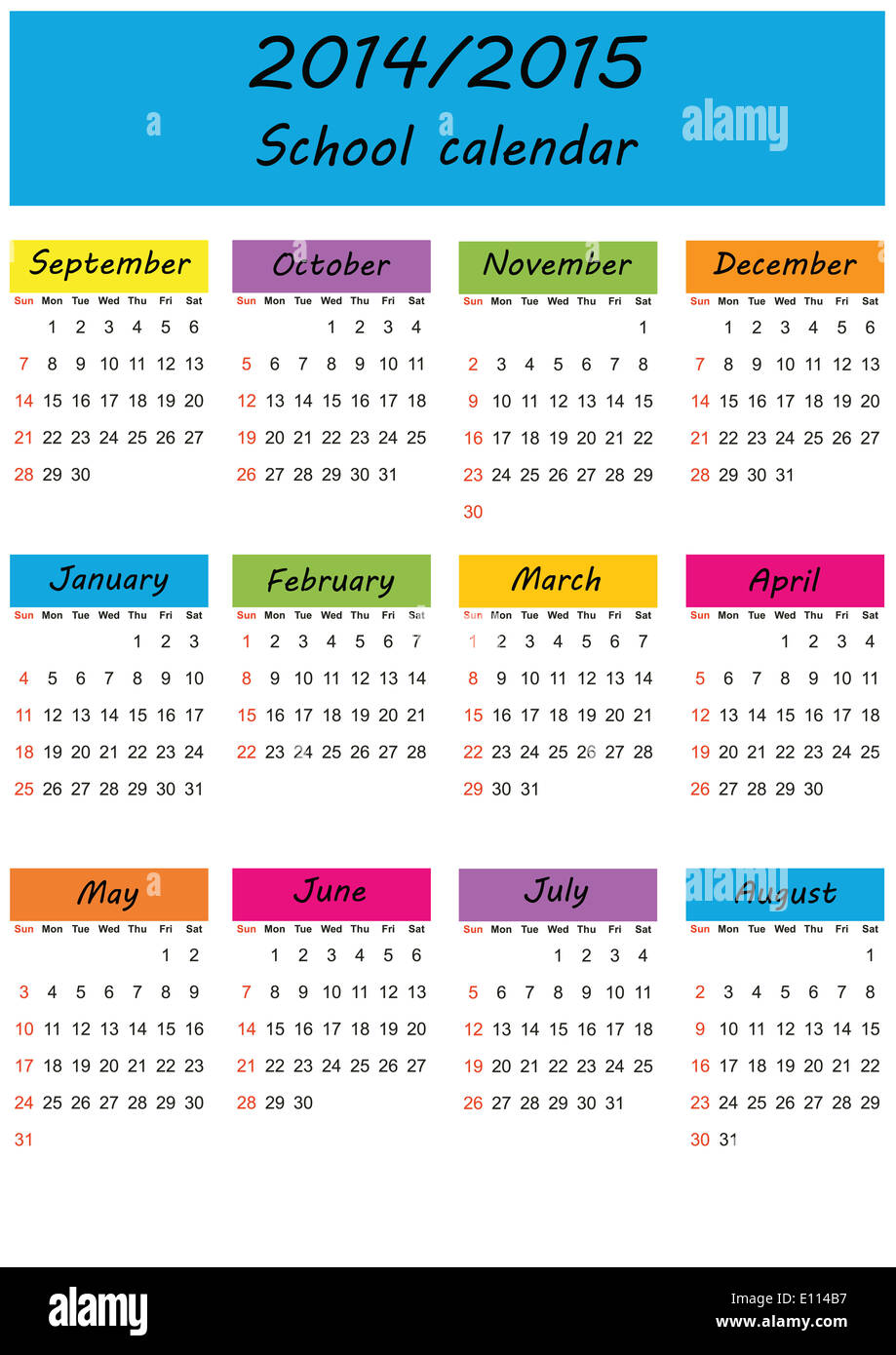 School calendar on years 2014 and 2015 Stock Photo - Alamy