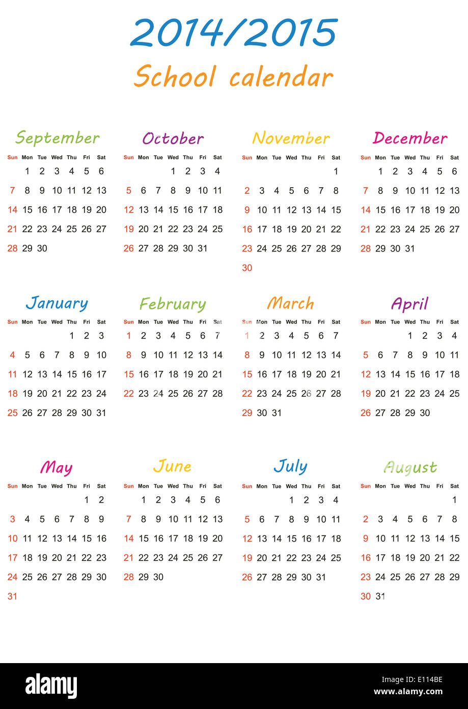 School calendar on years 2014 and 2015 Stock Photo - Alamy