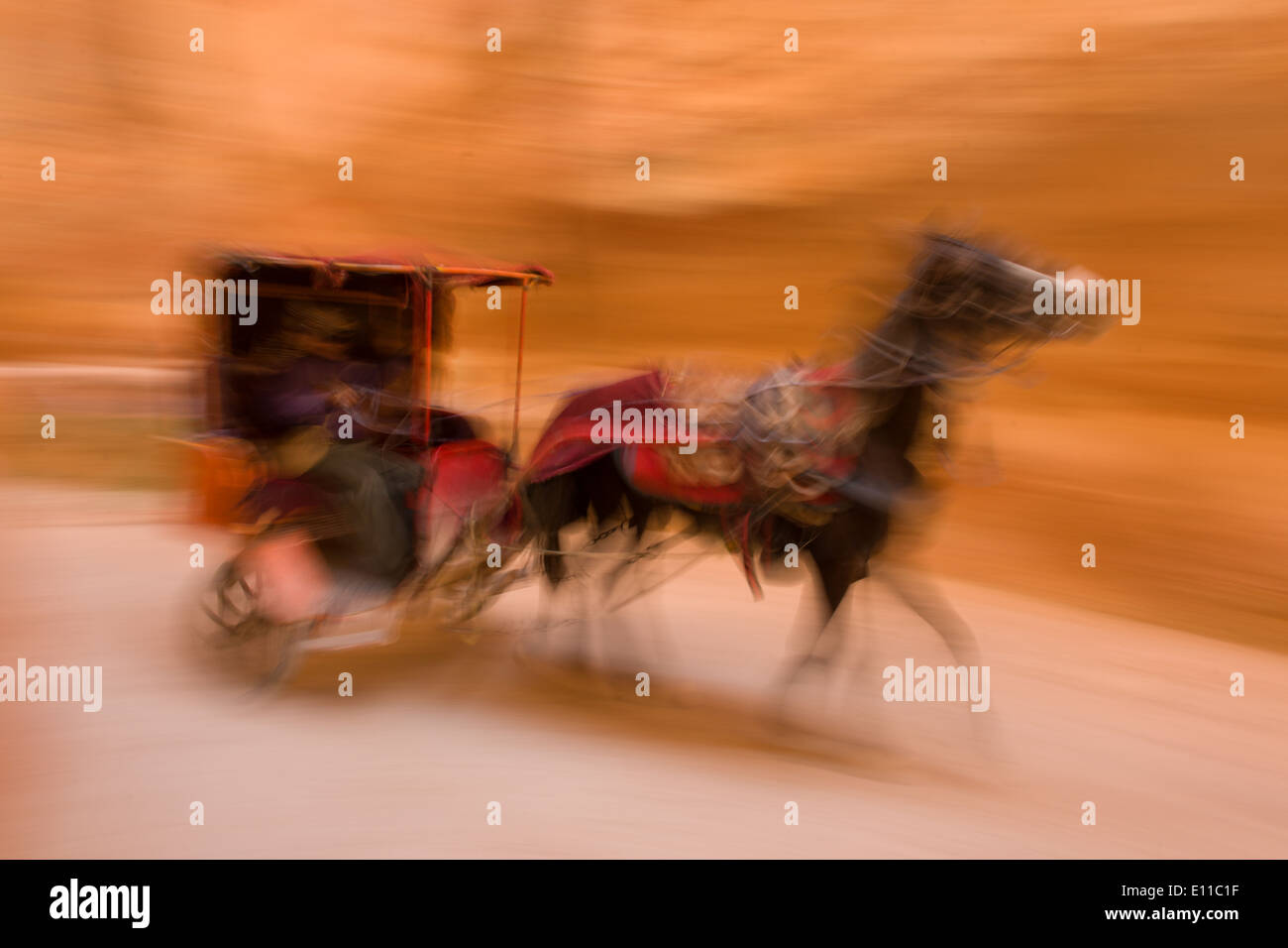 Panned shot of a horse carriage galloping through the siq, Petra ...